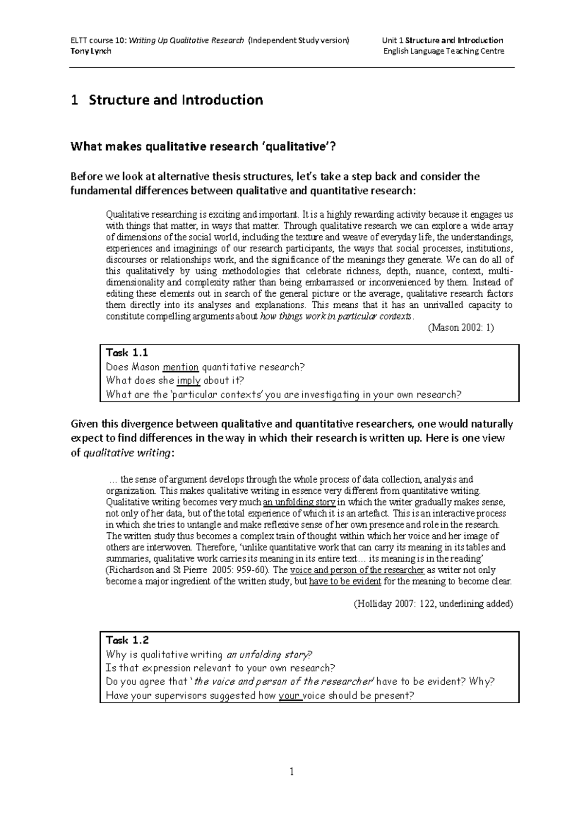 ELTT Course 10: Writing Up Qualitative Research - Unit 1 Overview - Studocu