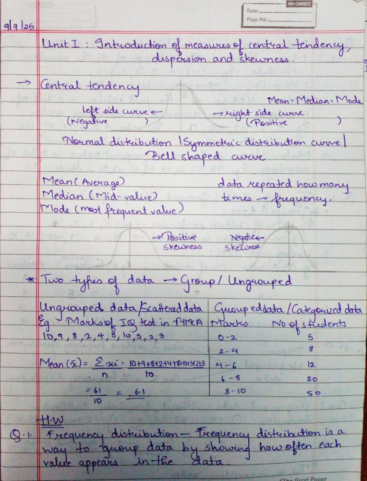 MFCS Unit 1: Measures of Central Tendency and Data Distribution - Studocu