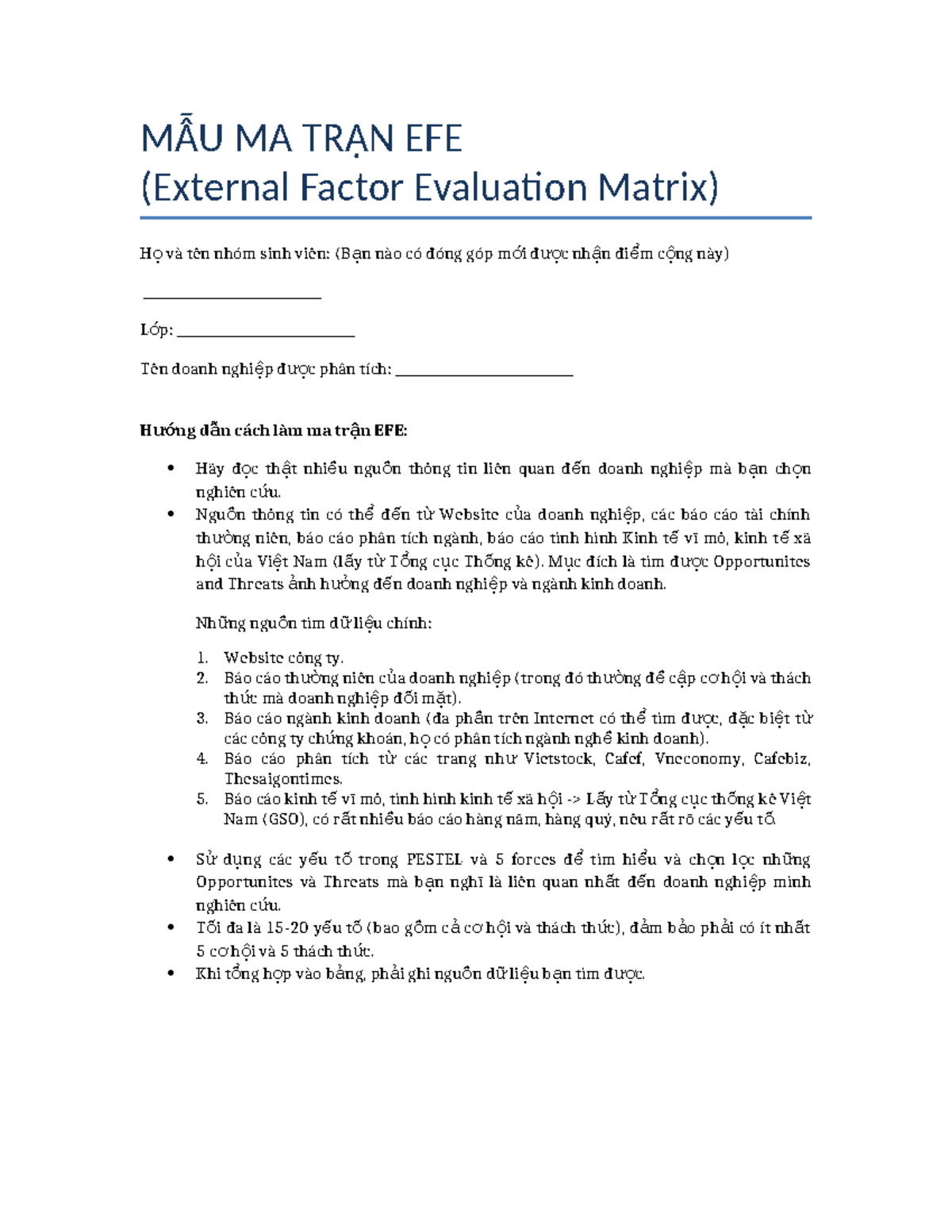 Mẫu Ma Trận EFE: Hướng Dẫn Phân Tích Cơ Hội và Thách Thức - Studocu