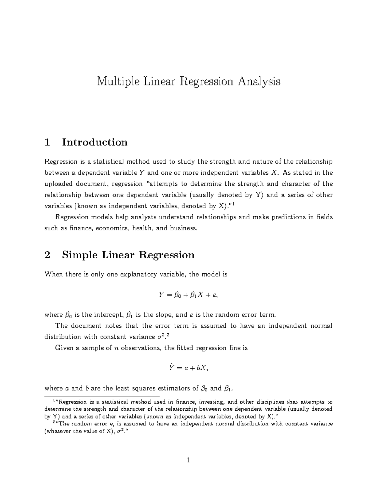 Multiple Linear Regression Analysis: Concepts and Applications - Studocu