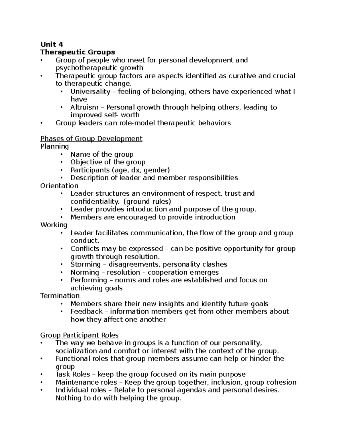 Mental Health Unit 4: Therapeutic Groups and Leadership Styles - Studocu