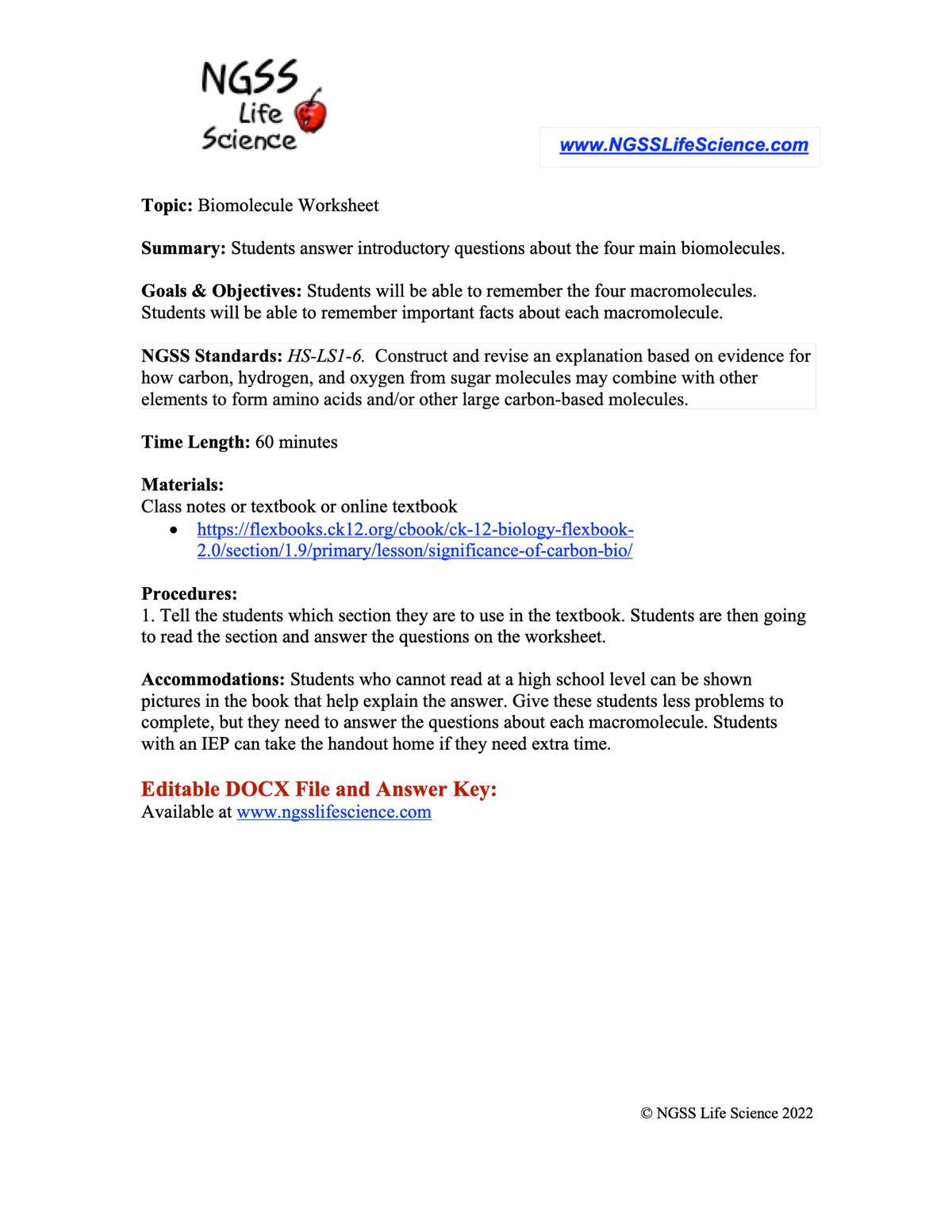 NGSS Life Science 2022: Biomolecule Worksheet Overview - Studocu
