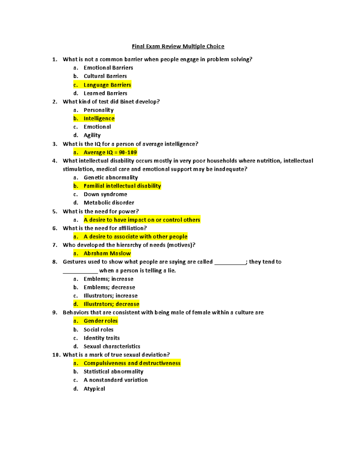 PSY 101 Final Exam Review: Multiple Choice Questions - Studocu