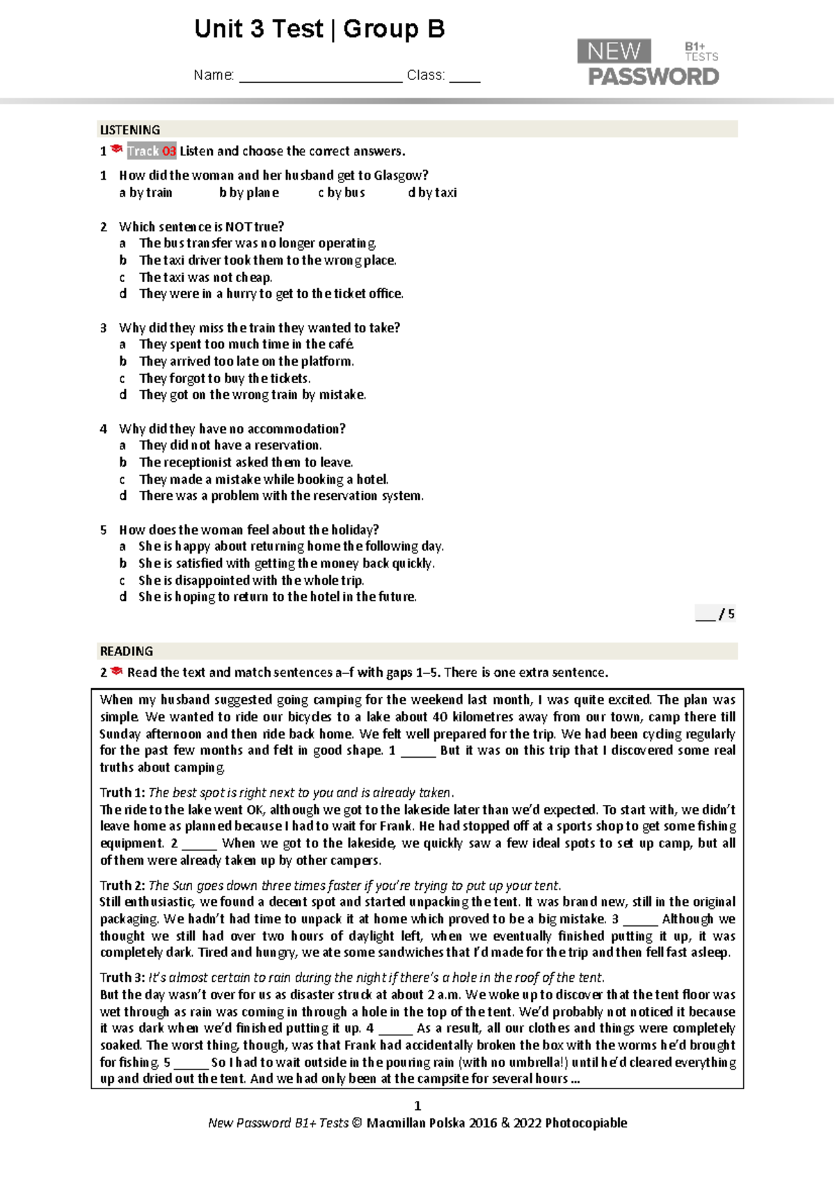 Unit 3 Test - Listening, Reading & Writing Exercises B1+ UT 3B - Studocu