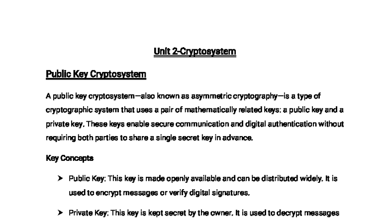 Unit 2 - Public Key Cryptosystem and Number Theory Concepts - Studocu