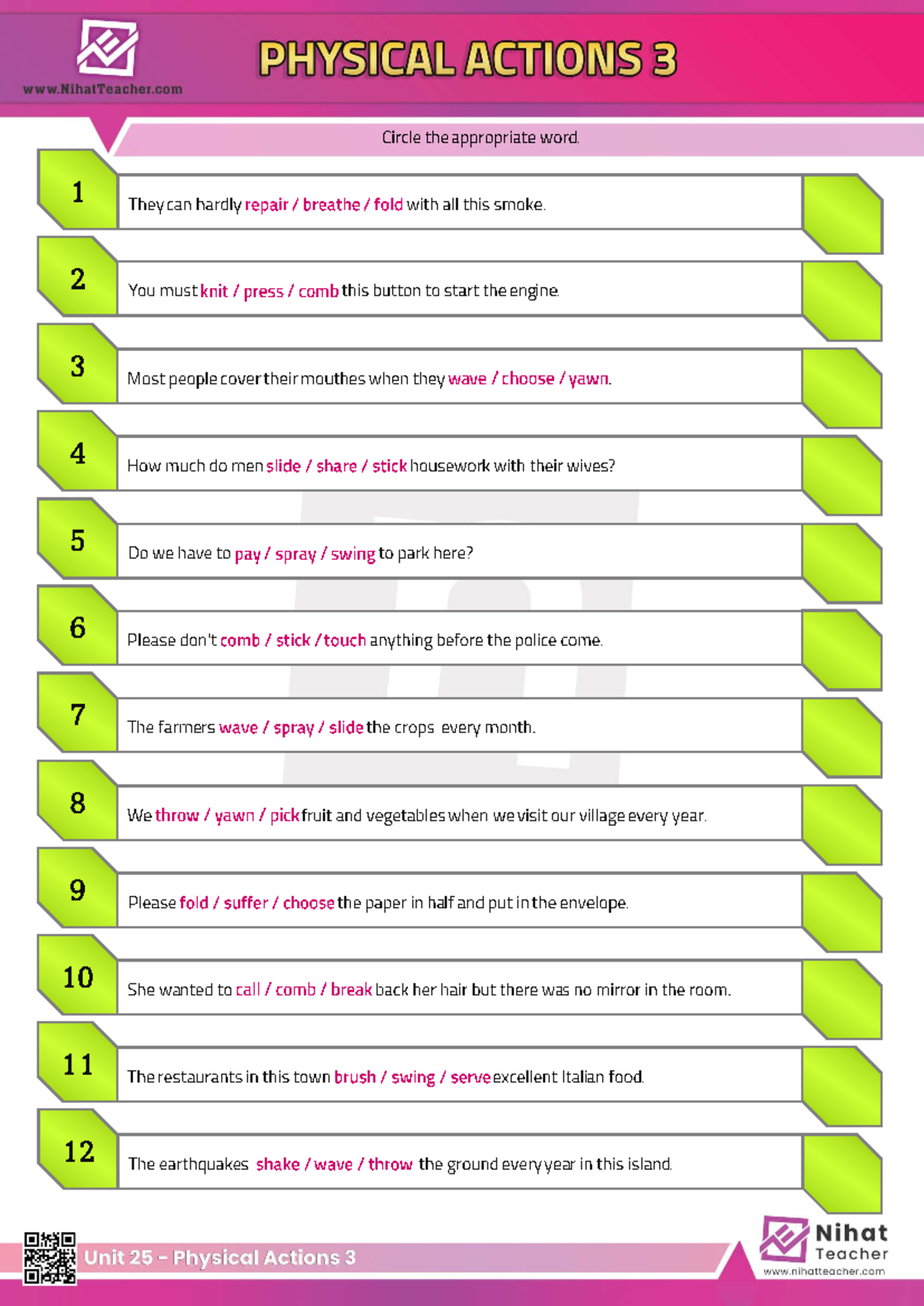 PHYSICAL ACTIONS 3 Worksheet: Circle the Correct Word - Studocu
