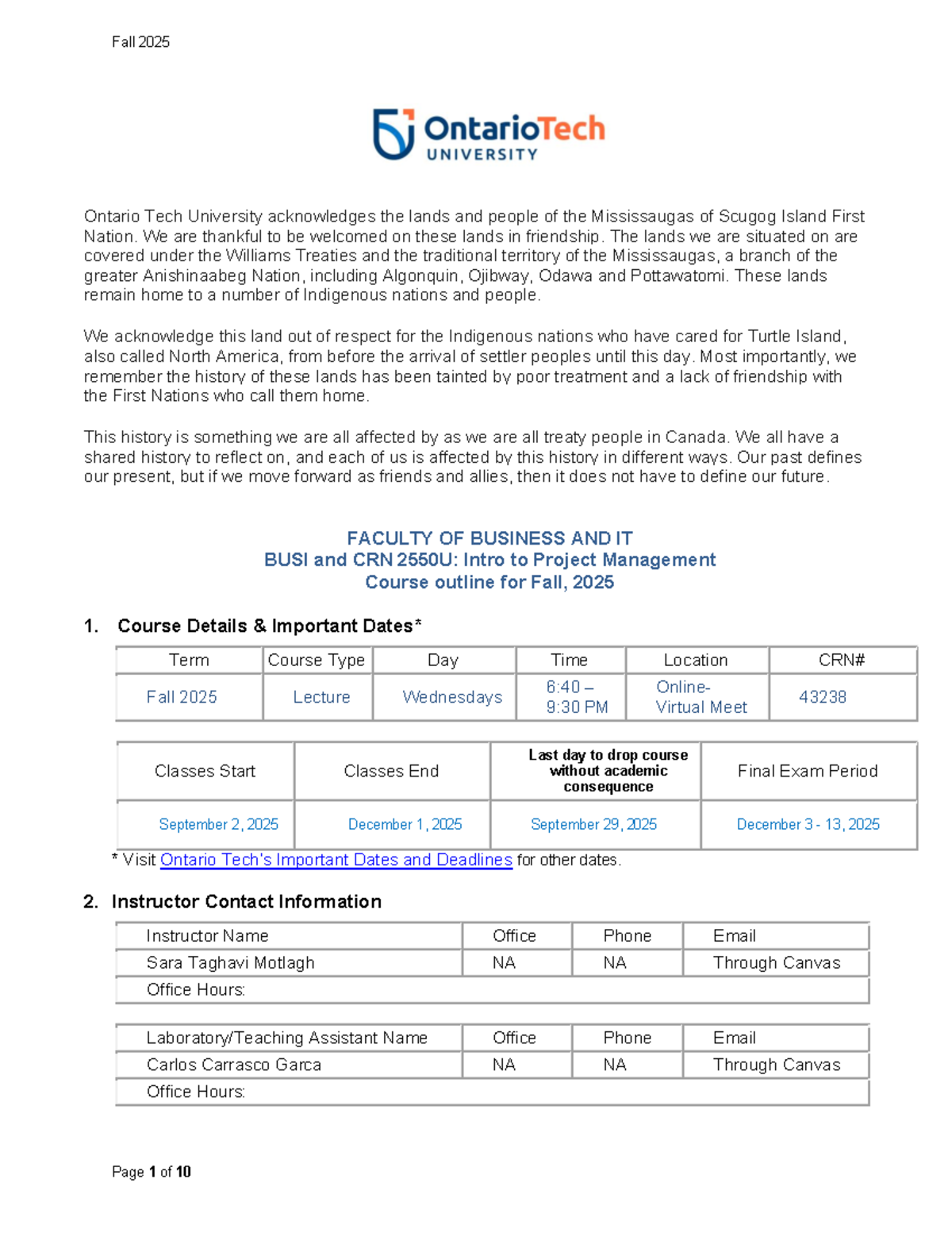 FBIT - Course Outline: Intro to Project Management (BUSI 2550U) Fall ...