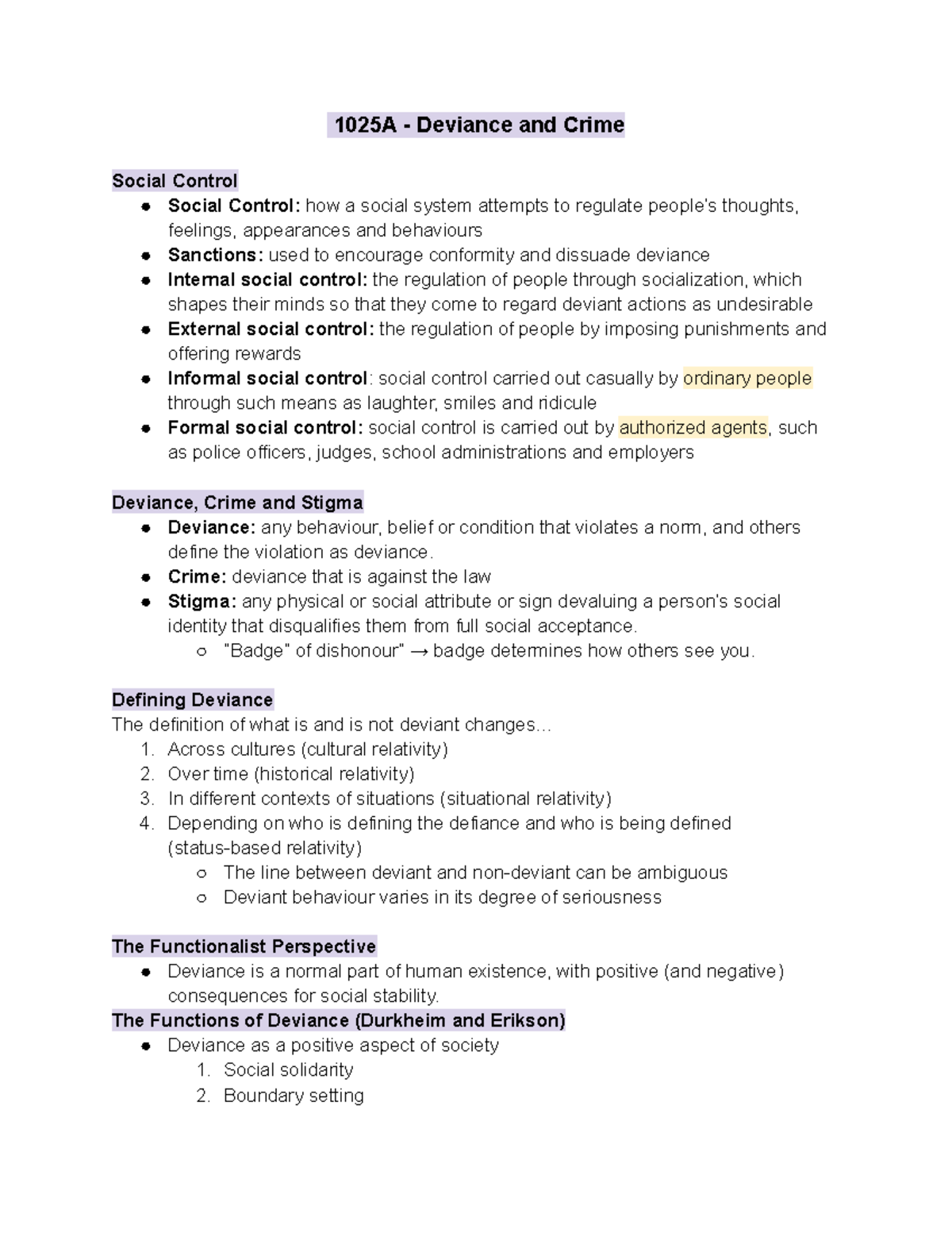 1025A Final Exam Notes: Deviance, Crime & Social Control - Studocu