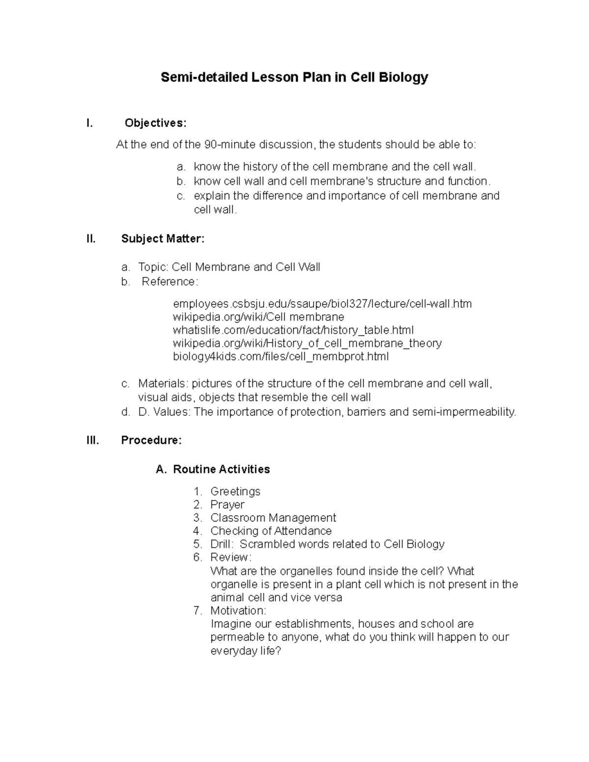 SEMI Detailed Lesson Plan: Cell Membrane & Wall in Cell Biology - Studocu