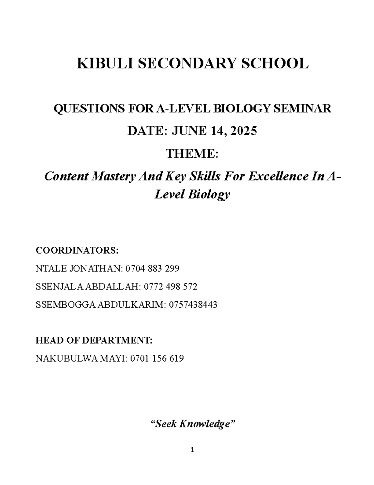 KSS Seminar Questions for A-Level Biology - June 2025 - Studocu