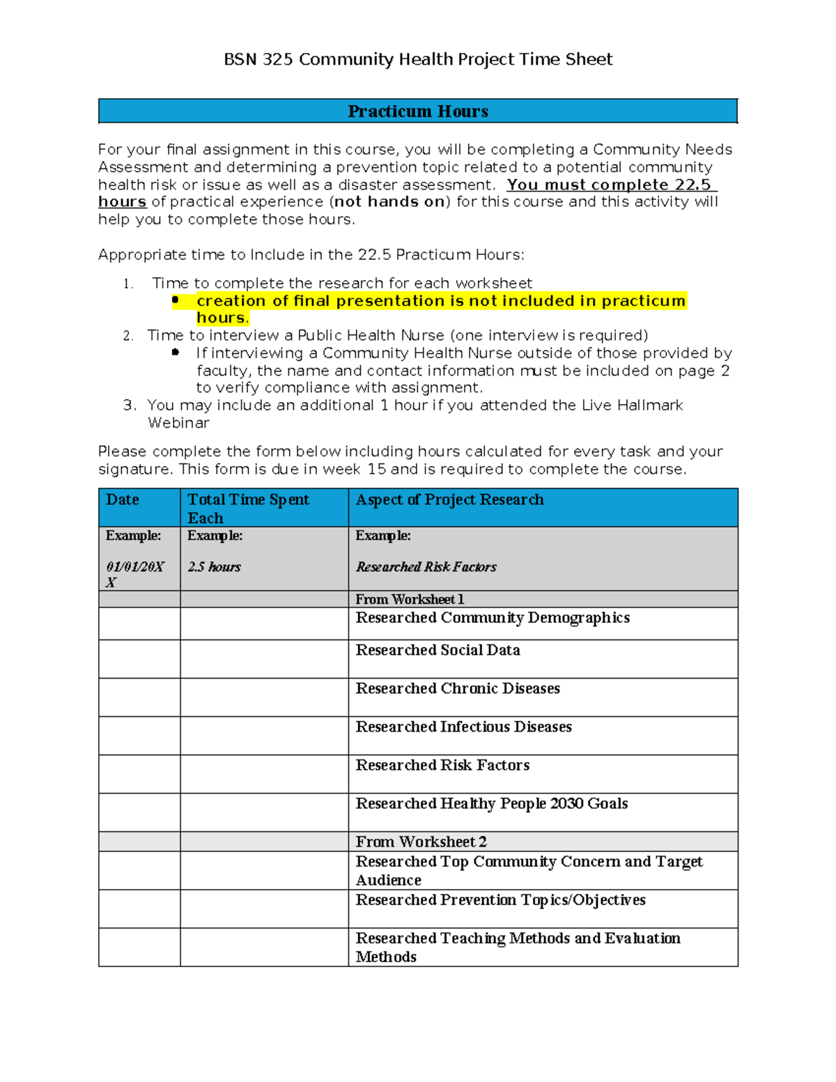 BSN 325 Community Health Project Practicum Time Sheet - Studocu