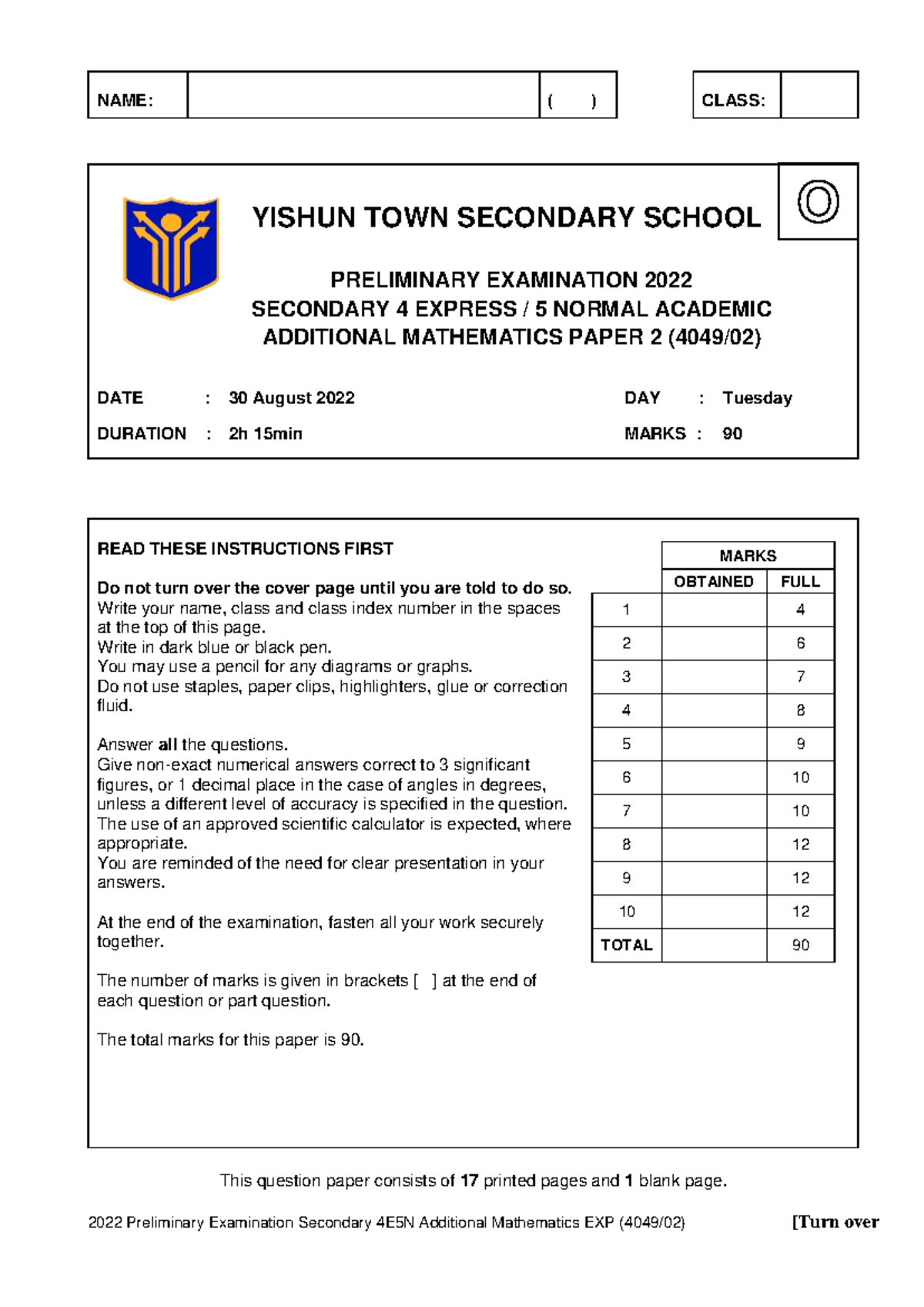 2022 Preliminary Exam S4E5N Additional Mathematics Paper 2 - Studocu