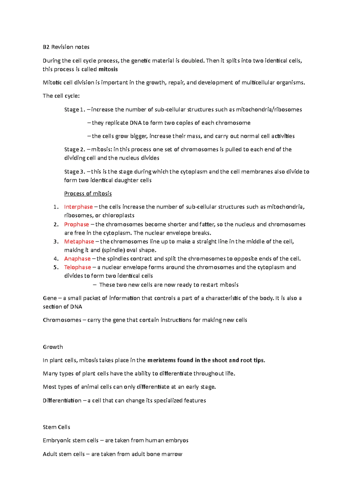 B3 Revision notes - GCSE biology - Biology – B3 & B Cells, tissues and ...