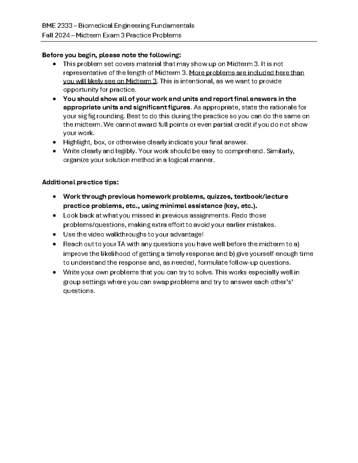 Midterm 3 Practice Problems Answer Key - Fall 202 4 – Midterm Exam 3 Practice Problems Before ...