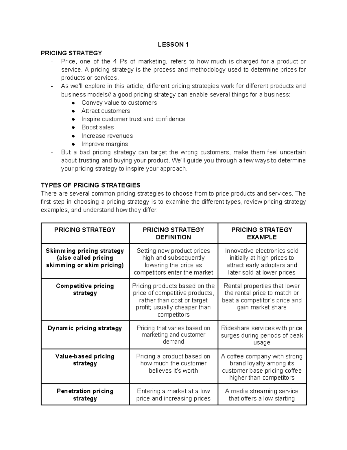 Lesson 1: Pricing Strategies Overview - Chapters 1 & 2 Insights - Studocu