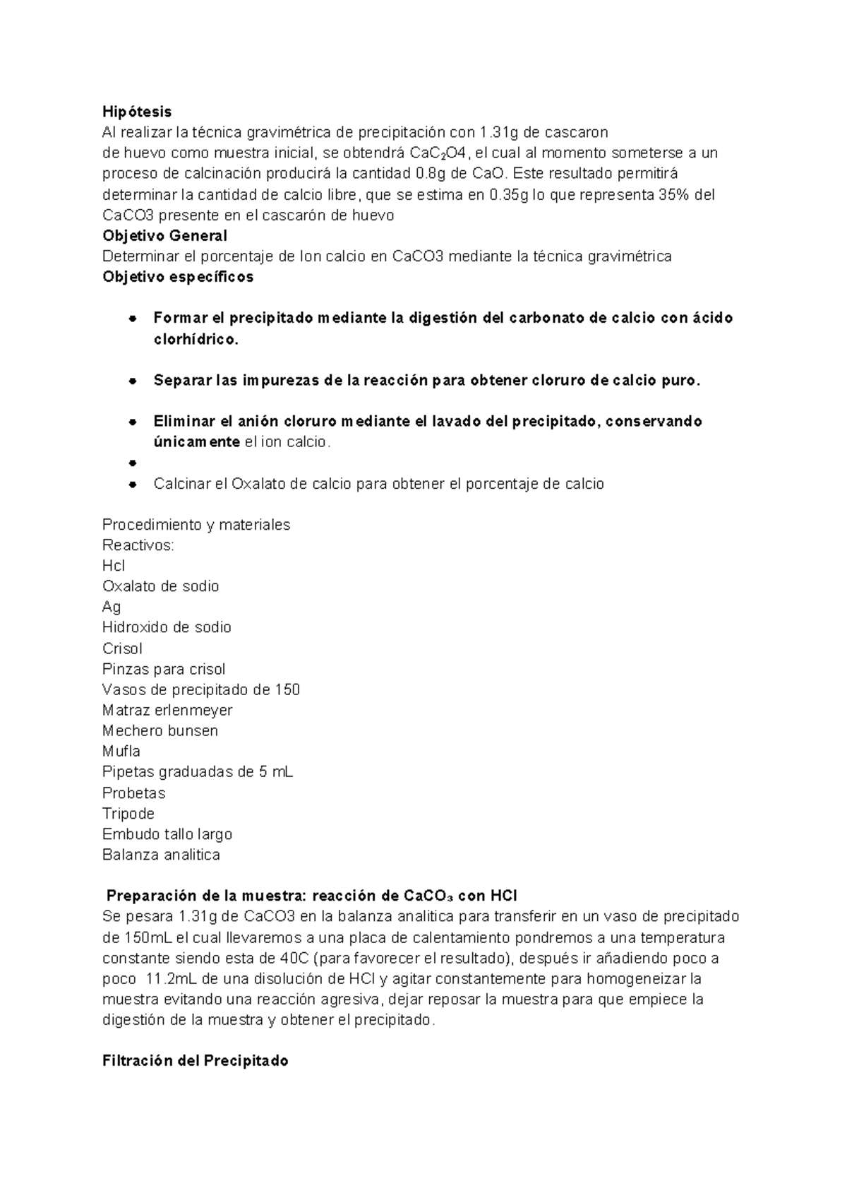 Gravimetría: Determinación de Ion Calcio en CaCO₃ mediante HCl - Studocu