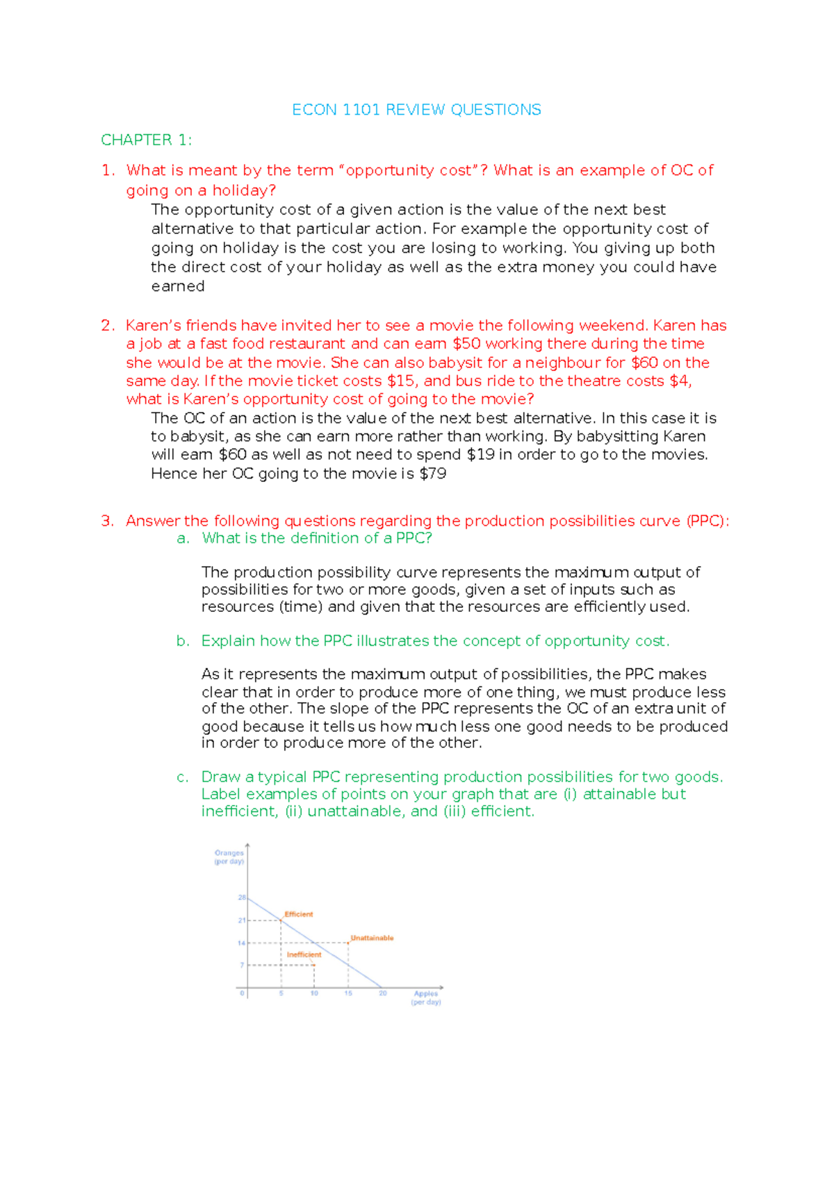 ECON 1101 Chapter 1 Review Questions on Opportunity Cost and PPC - Studocu