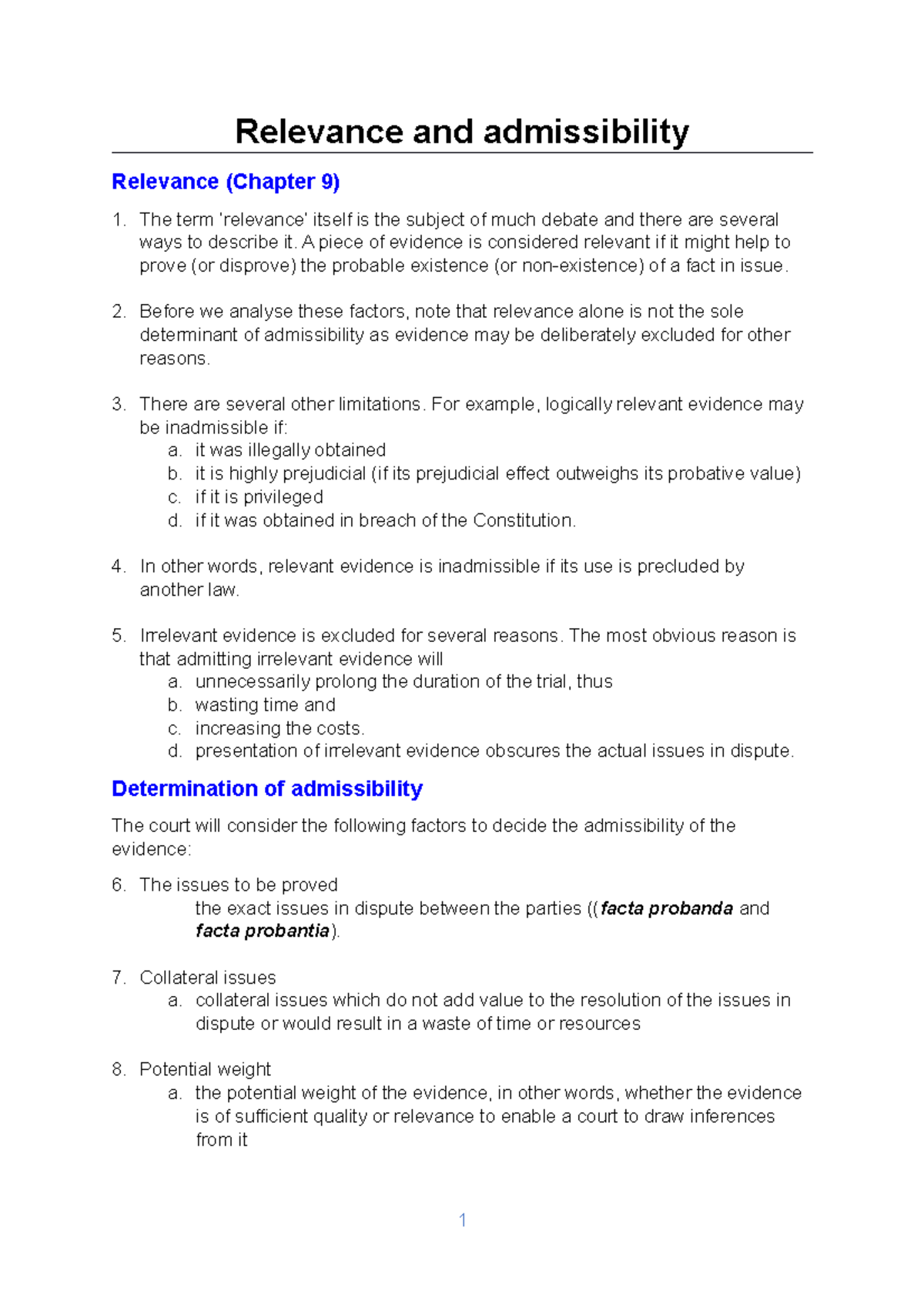 Admissibility and Relevance in Evidence Law (Chapter 9 Summary) - Studocu