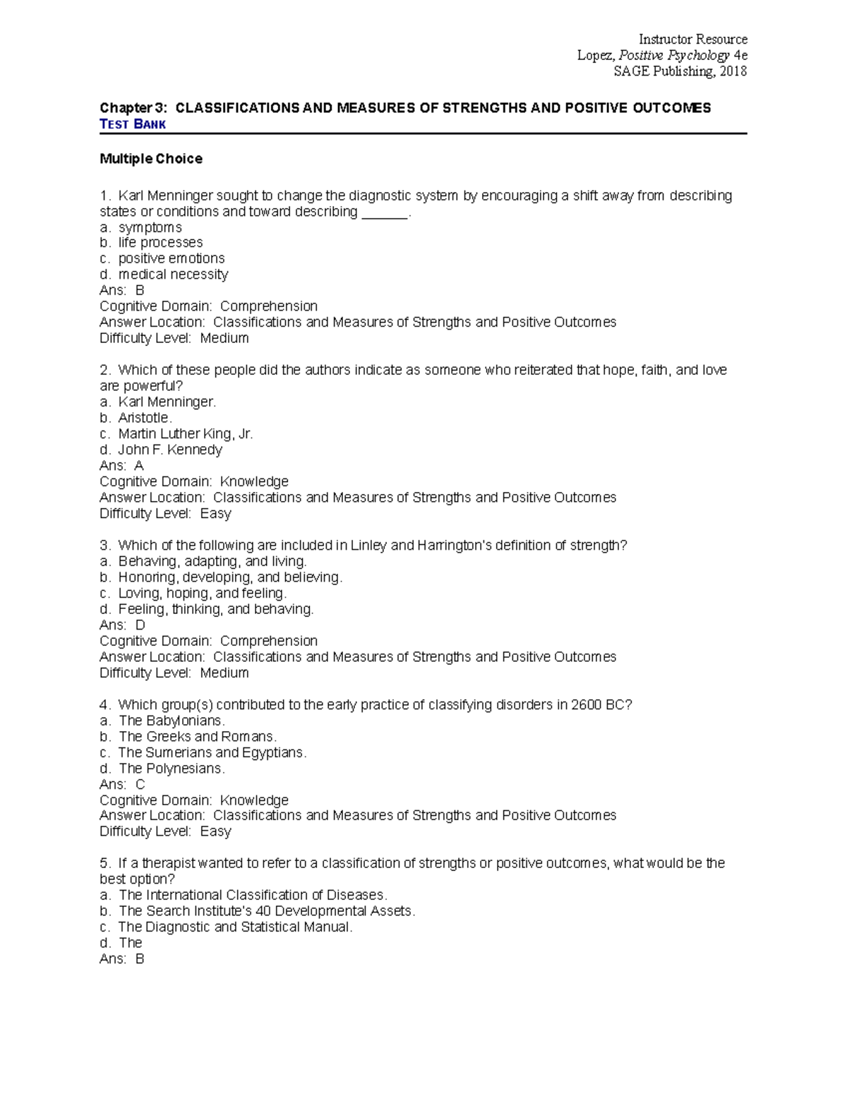 Chapter 3 Test Bank Questions on Strengths and Positive Outcomes - PSY ...