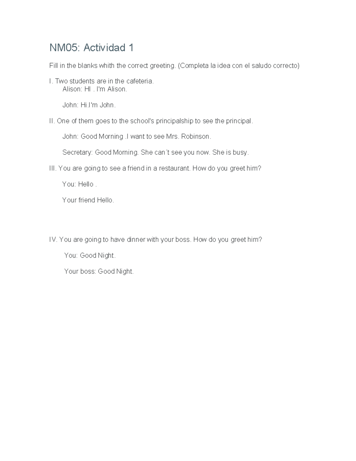 NM05: Actividad 1 - Greetings Fill-in-the-Blanks Exercise - Studocu