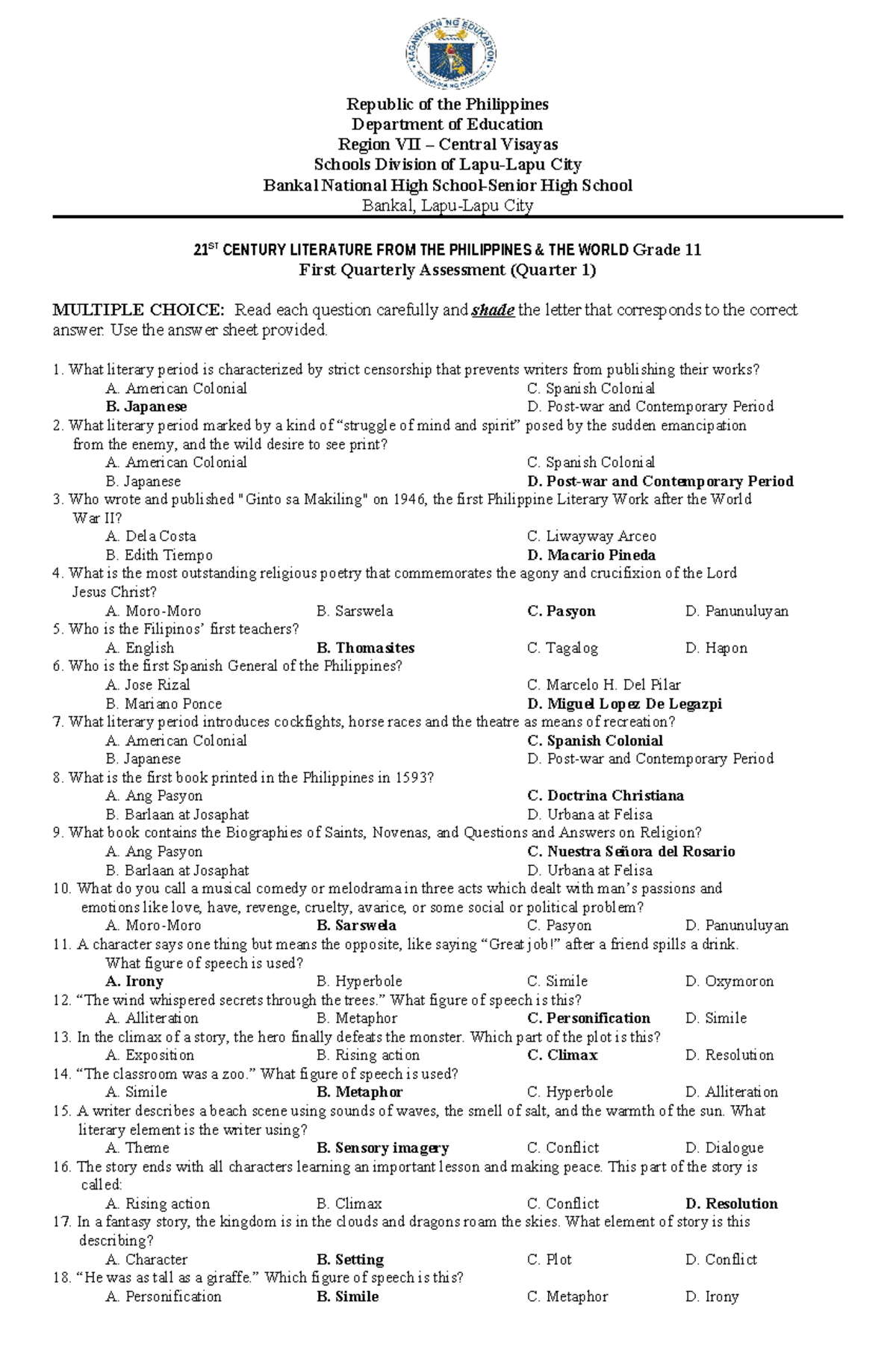 Grade 11 21ST CENTURY LITERATURE Q1 Assessment - Multiple Choice - Studocu
