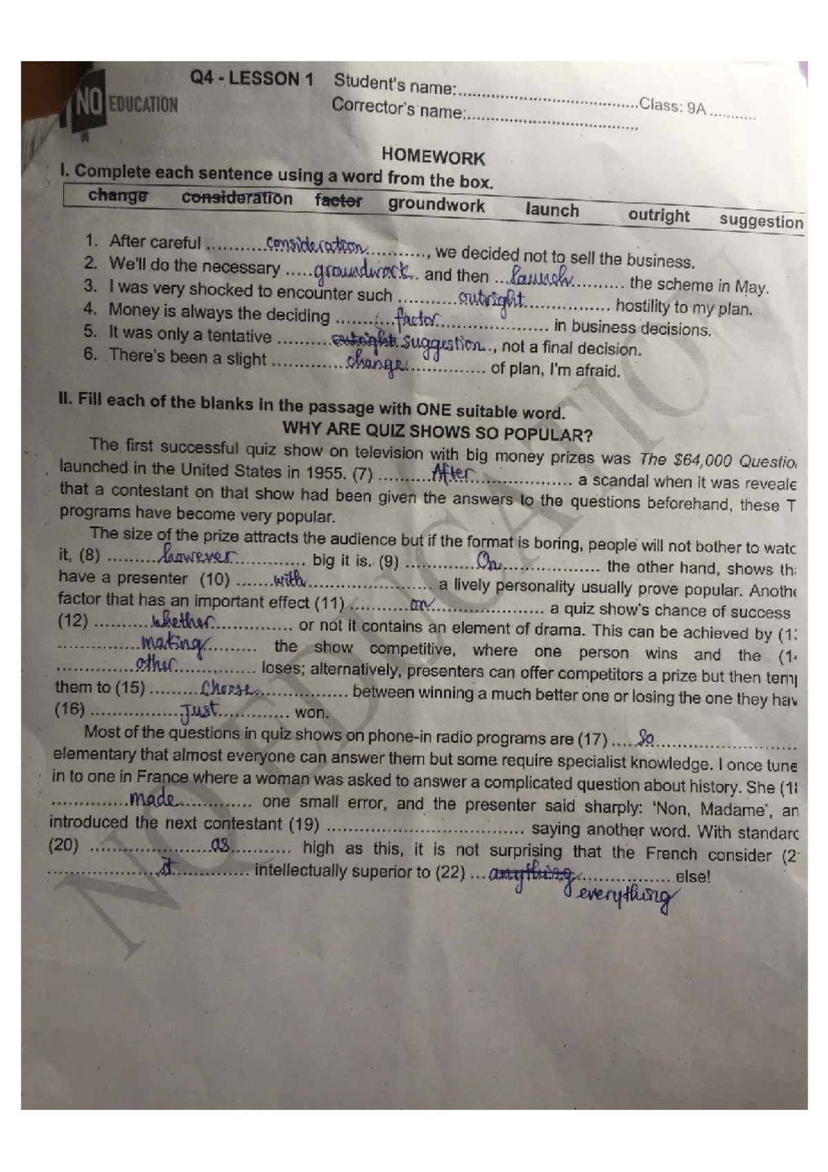 Q4 LESSON 1: English Language Homework for Class 9A - Studocu