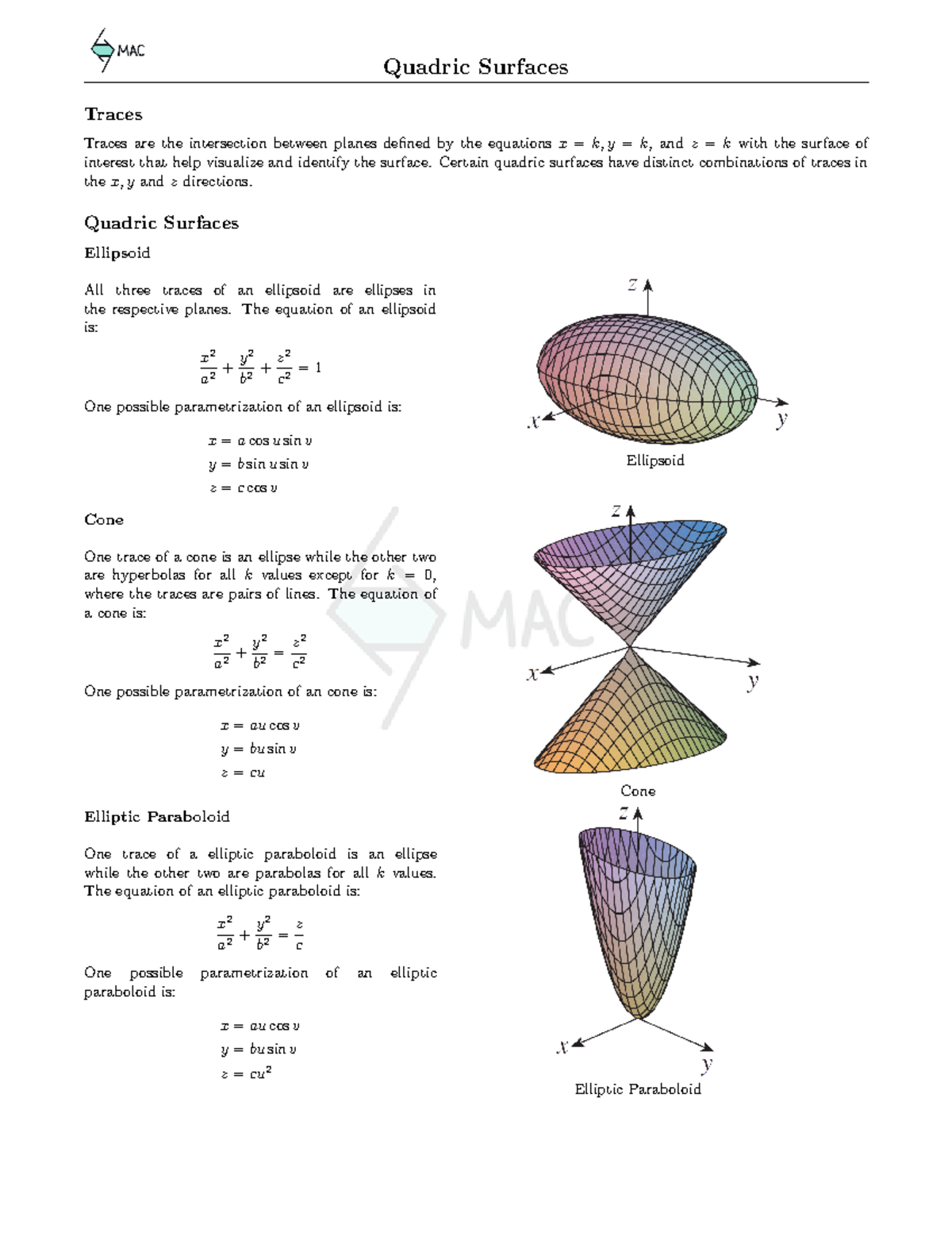 171 Quadric Surfaces - Concise Lecture Notes Summary for Multi Math ...