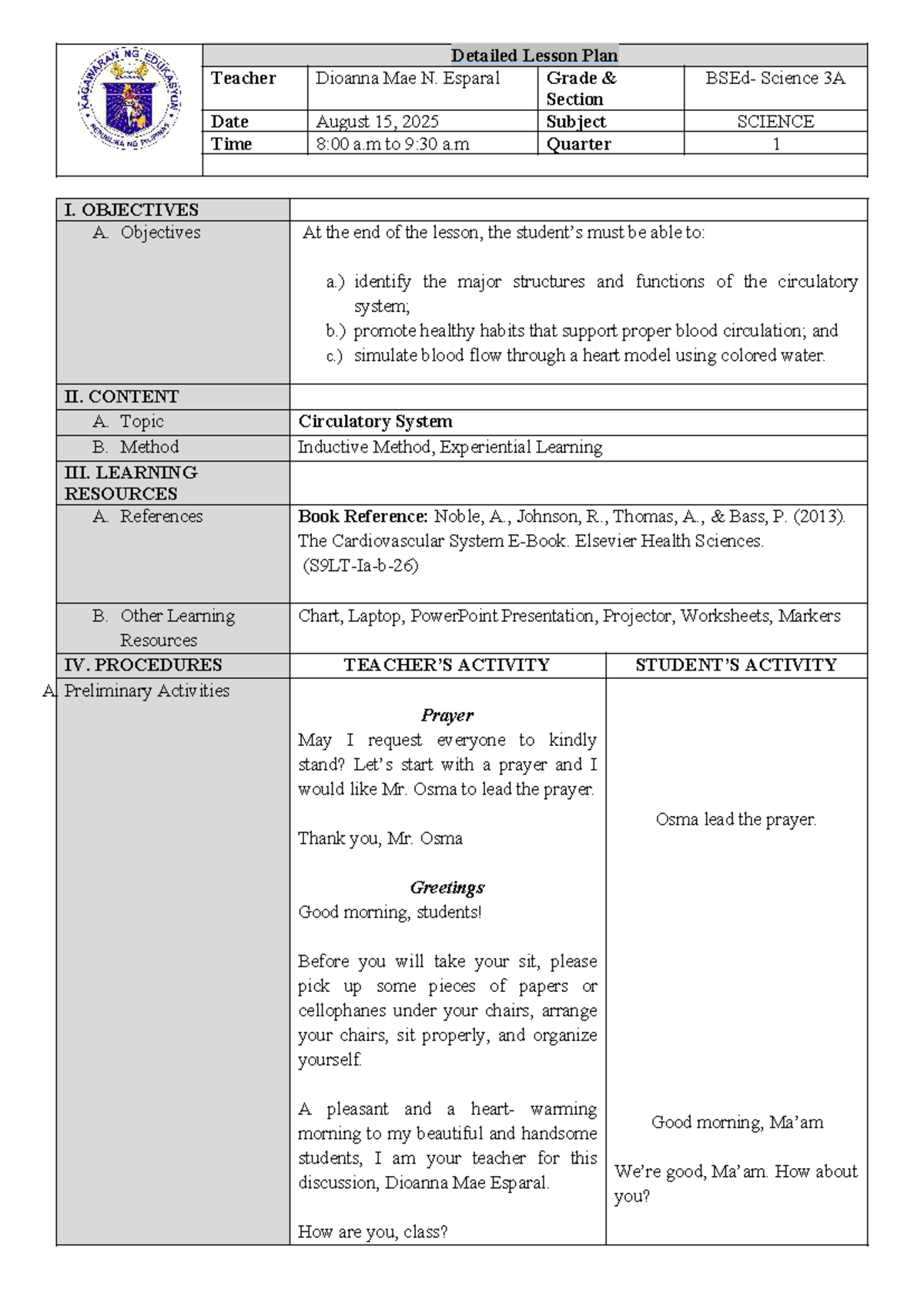 Grade 7 Science 3rd Quarter Lesson Plan: Circulatory System - Studocu