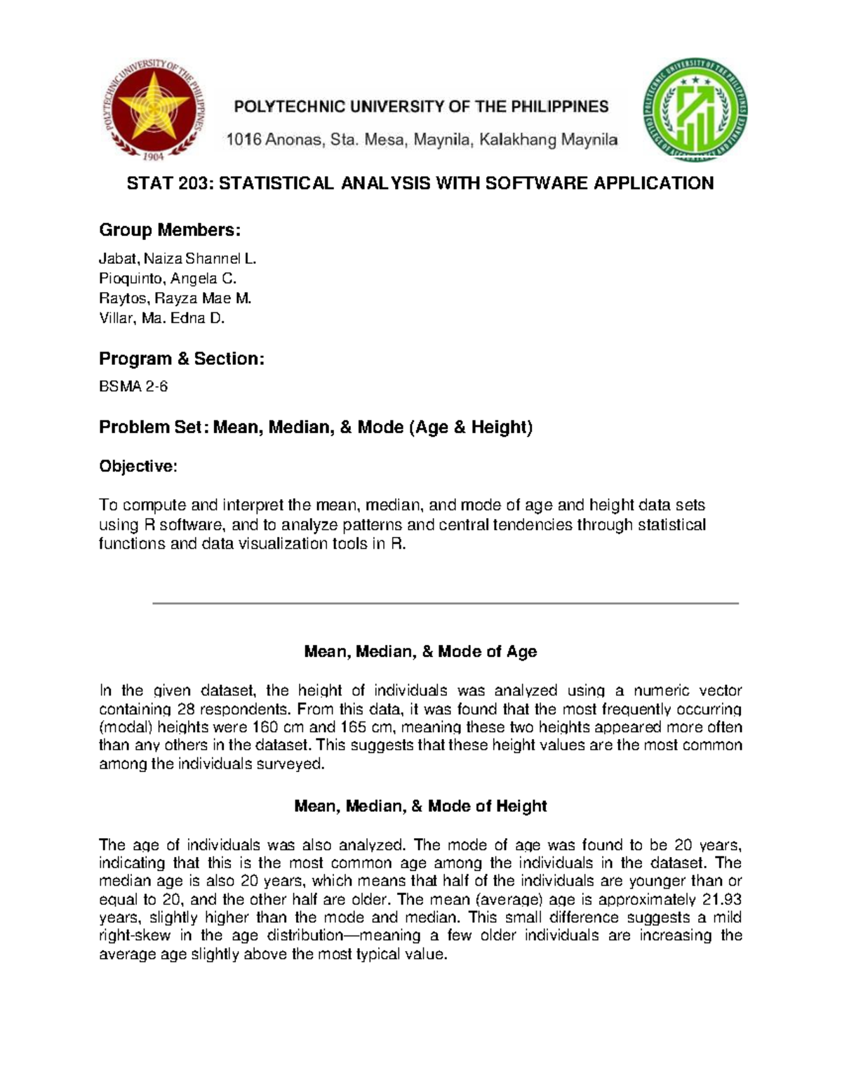 STAT 203: Problem Set on Mean, Median, Mode Analysis - Studocu
