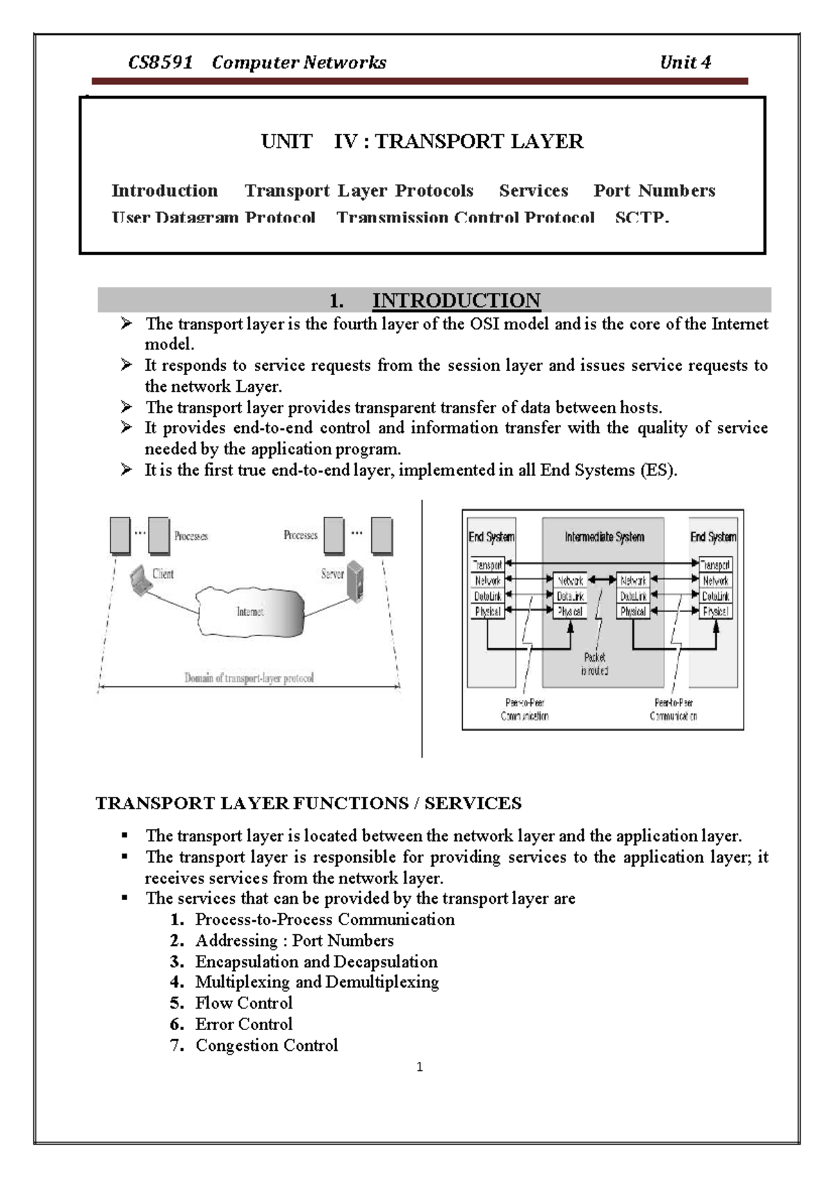 CS8591 Computer Networks Unit 4: Transport Layer Overview and Protocols ...