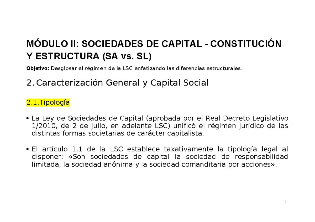 Módulo II: Sociedades de Capital - Constitución y Estructura (SA vs. SL ...