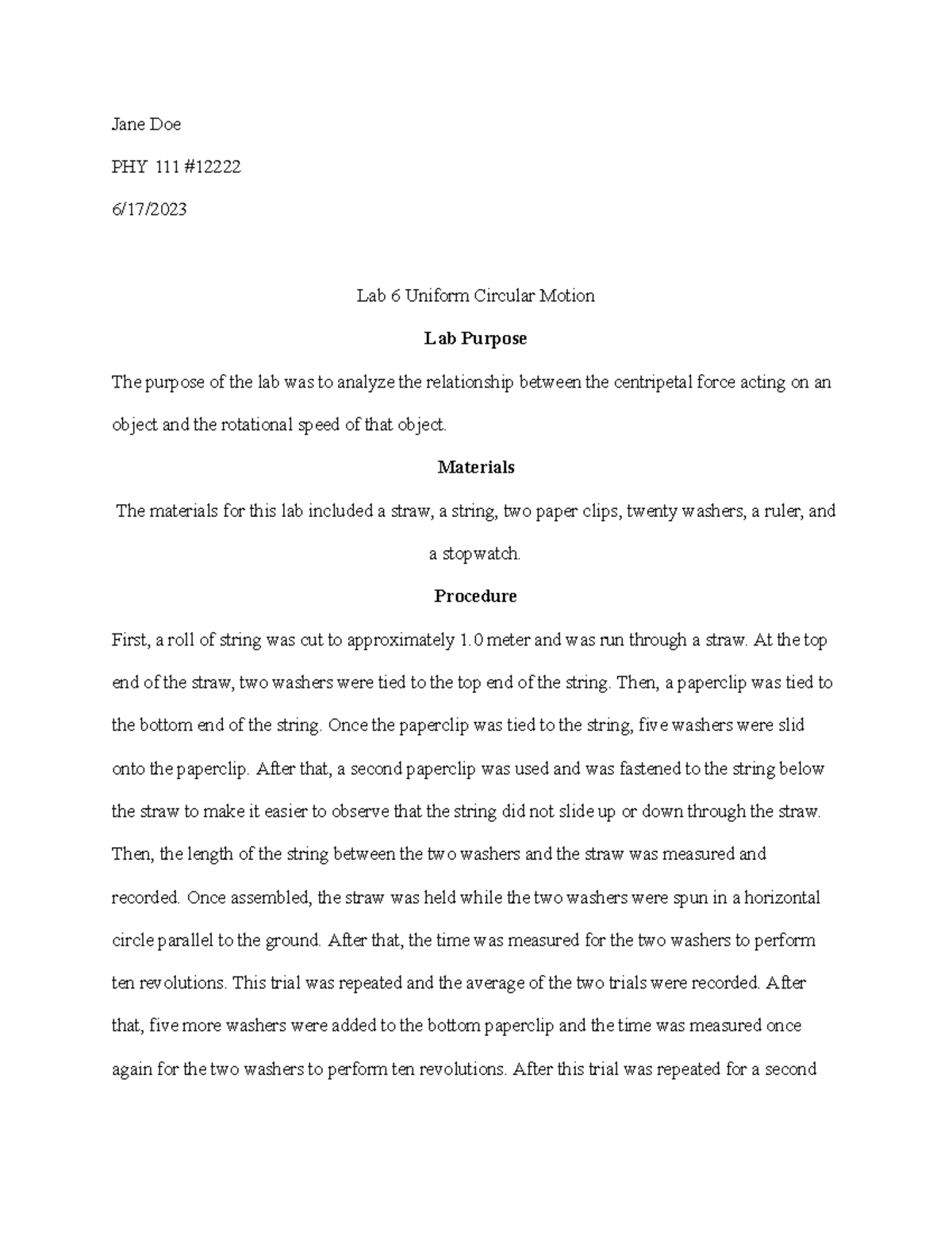 Lab 6 Report PHY 111 - Analyzing Uniform Circular Motion Effects - Studocu
