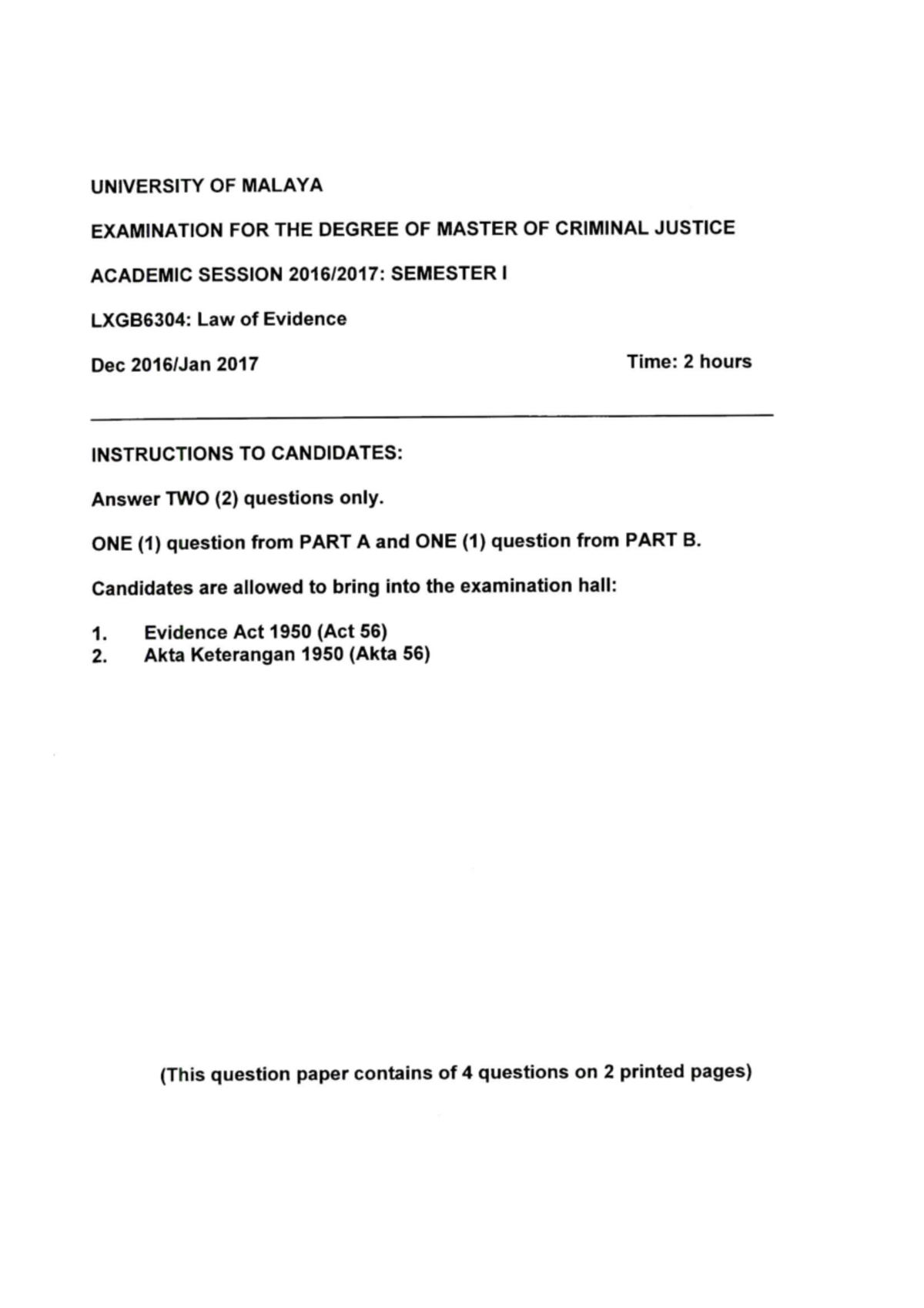Past Exam Paper 2017 Semester 1 - UNIVERSITY OF MALAYA EXAMINATION FOR ...
