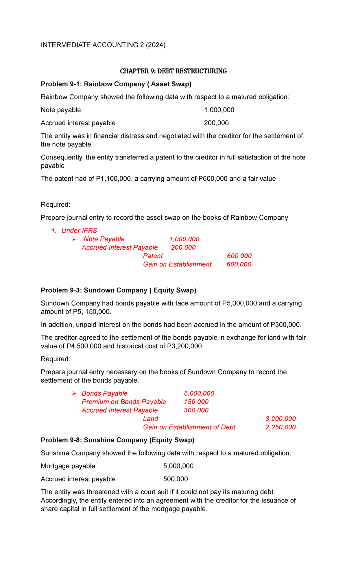 Intermediate Accounting 2 (2024): Chapter 9 - Debt Restructuring ...