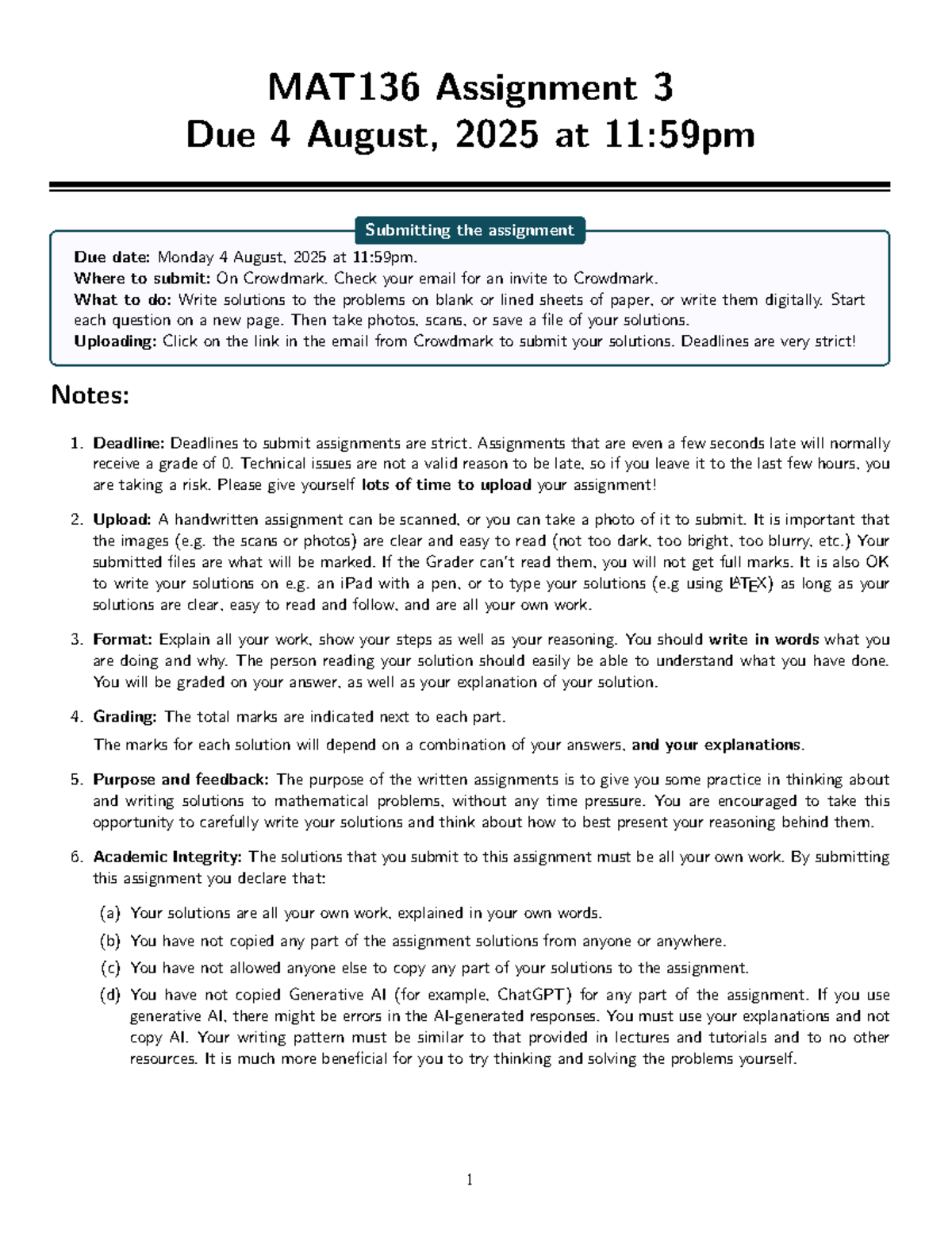 MAT136 Assignment 3 Guidelines and Submission Details - Studocu
