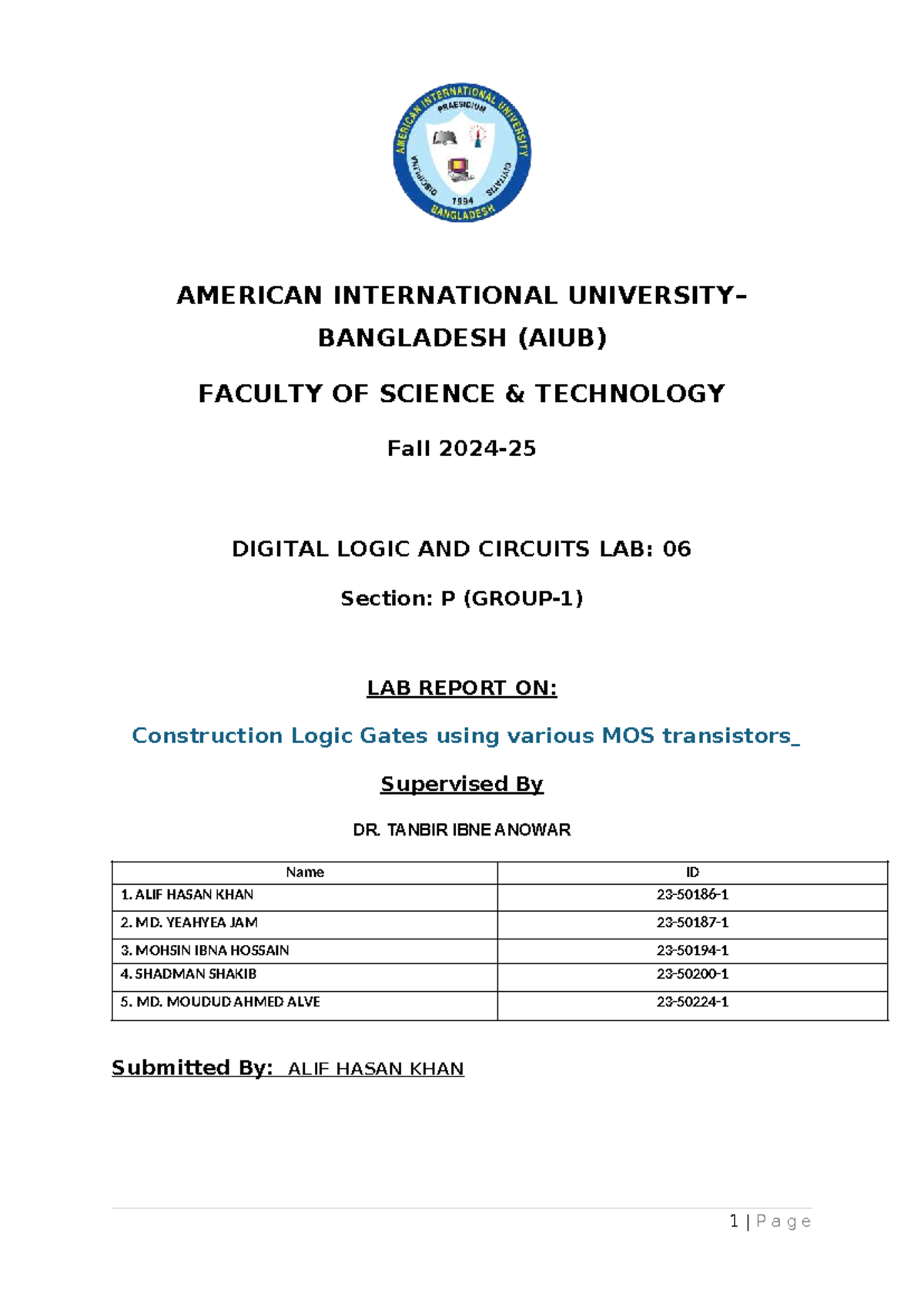 AIUB FST Fall Lab Report: Construction of Logic Gates with MOSFETs ...