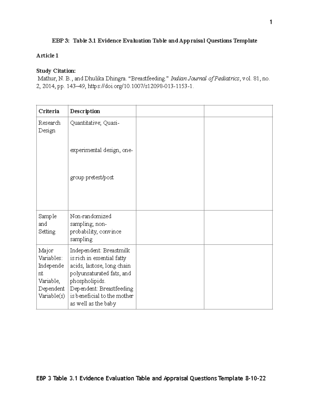 EBP 3 Table 3.1 Evidence Evaluation Table and Appraisal Questions ...