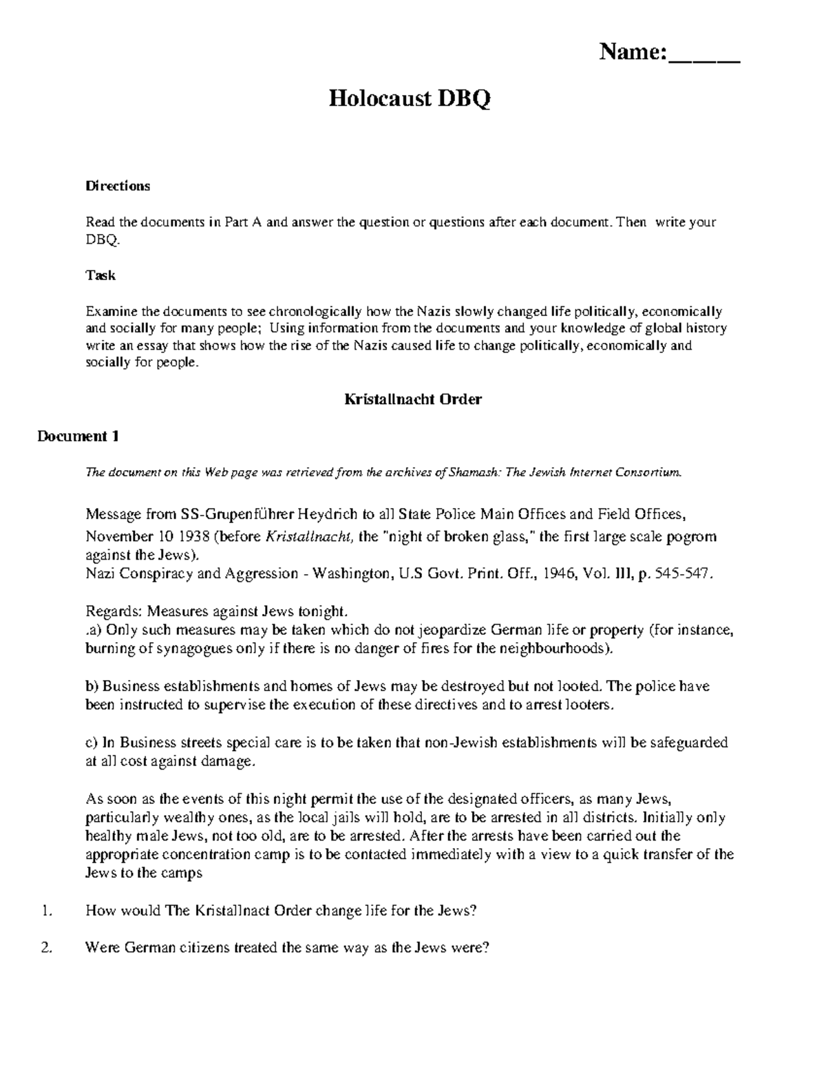 Holocaust DBQ: Analyzing Nazi Impact on Jewish Life - AP World - Studocu