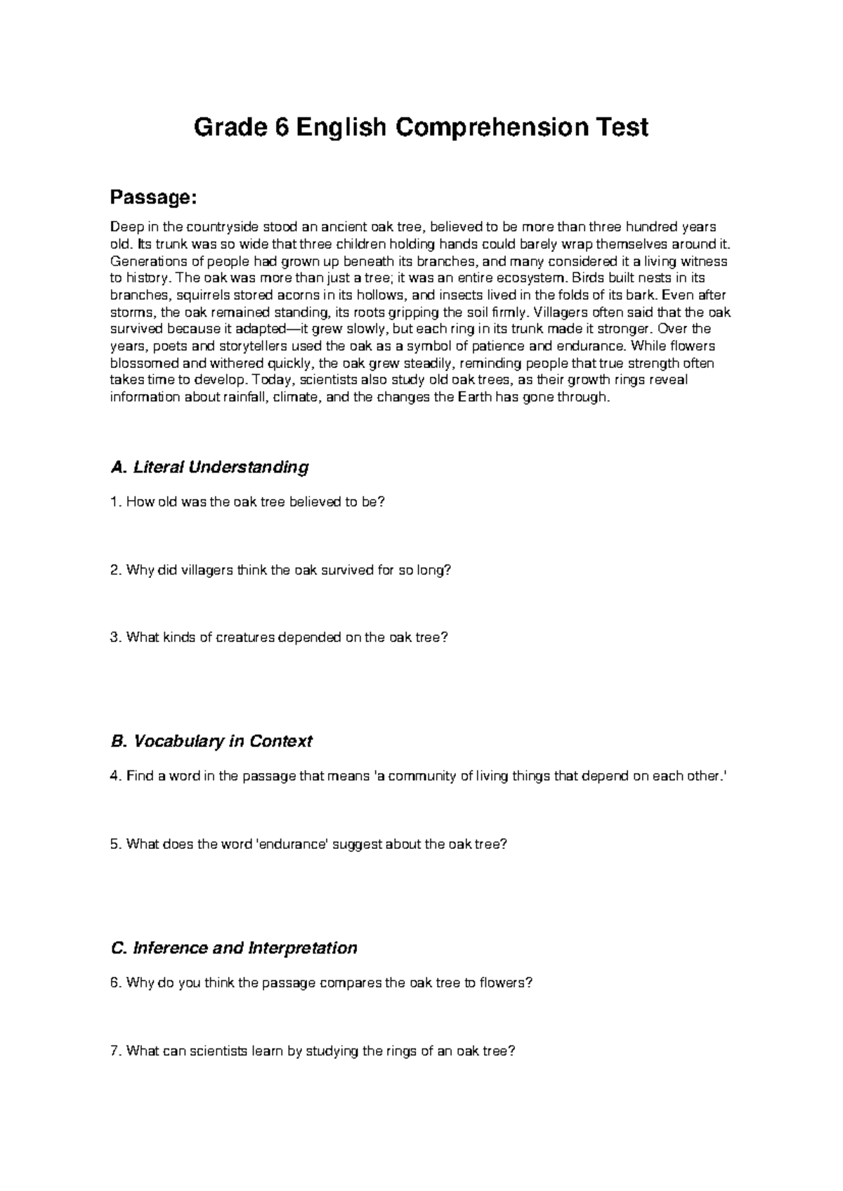 Grade 6 English Comprehension Test: The Ancient Oak Tree Passage - Studocu