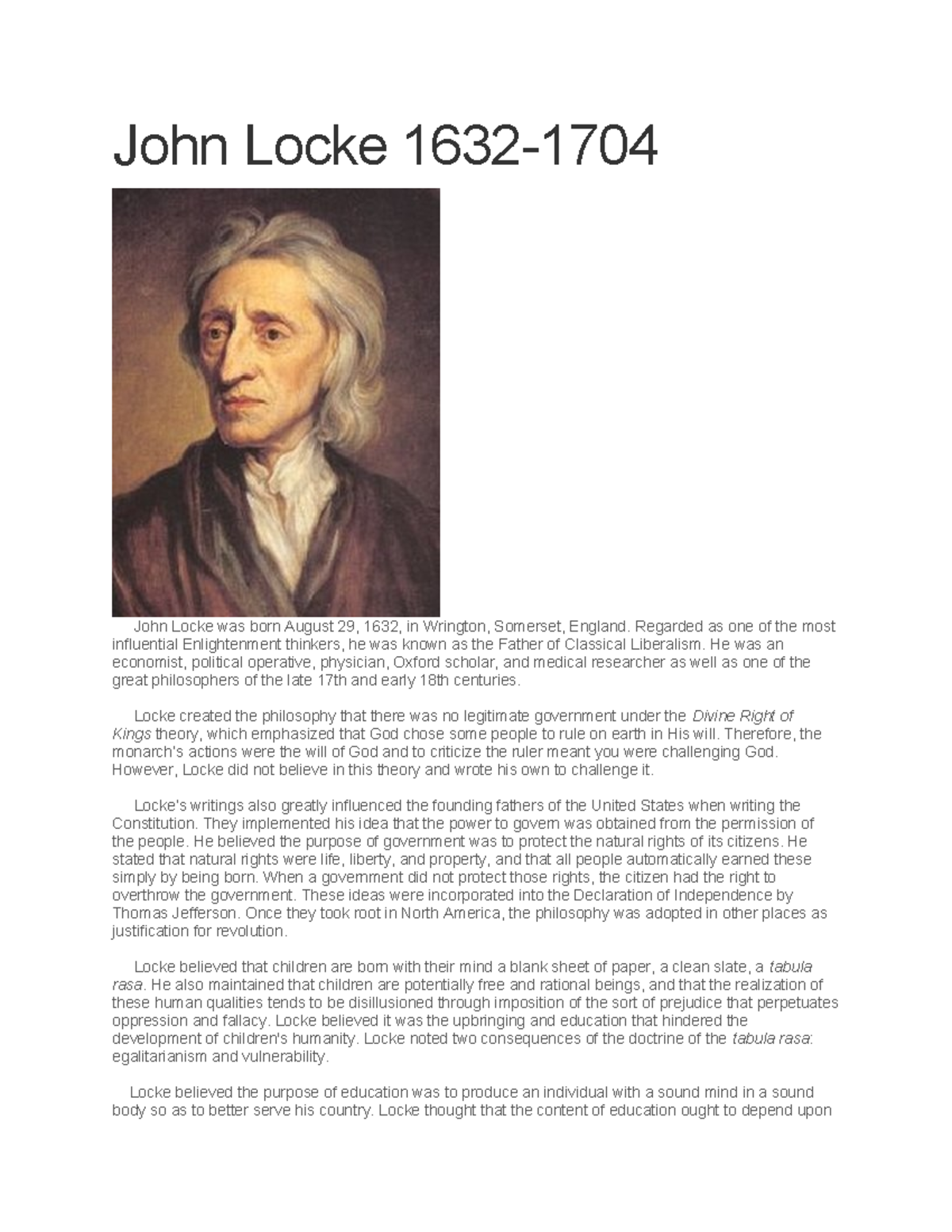John Locke 1632 - John Locke 1632- John Locke was born August 29, 1632 ...