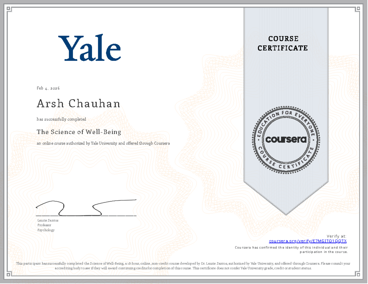 Coursera Course Completion Certificate: The Science of Well-Being - Studocu
