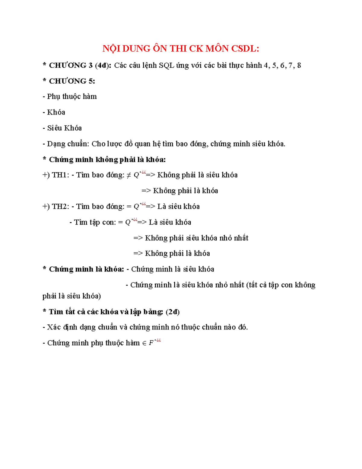 ÔN THI CK CSDL: CHƯƠNG 3 & 5 - SQL, Khóa, Phụ Thuộc Hàm - Studocu