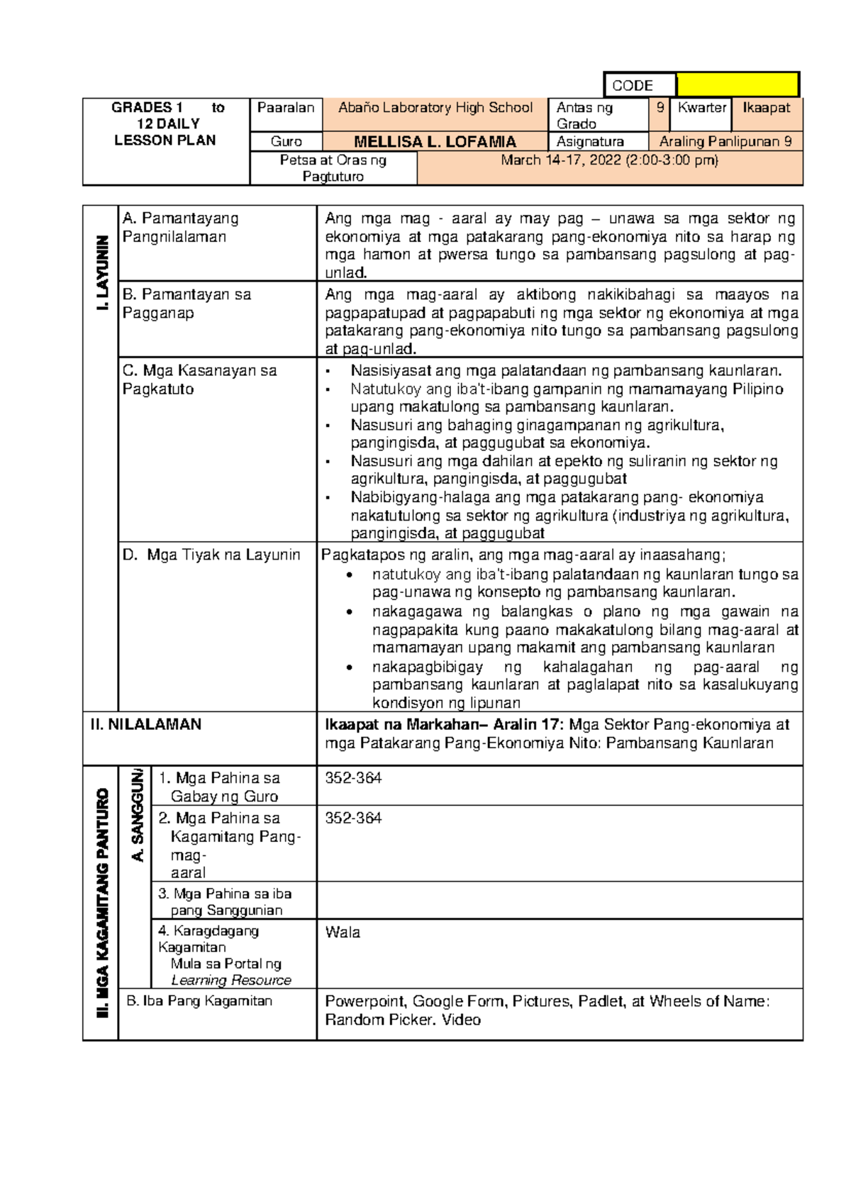 Araling Panlipunan- Grade 9 LP- Aralin 17 - GRADES 1 to 12 DAILY LESSON ...