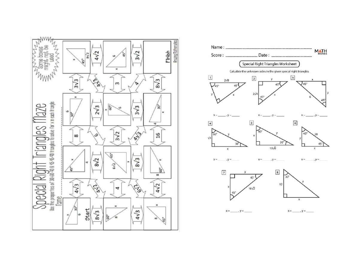Special Right Triangles Worksheet MATH 3 - Trigonometric Ratios - Studocu