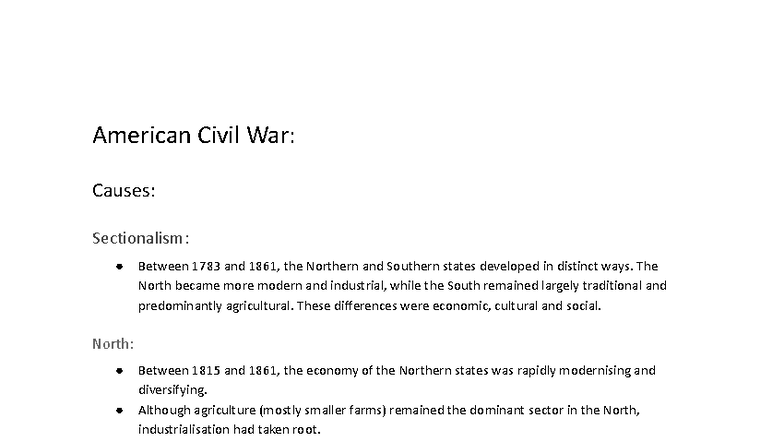 Modern History Notes Yr 11: American Civil War Causes and Impacts - Studocu