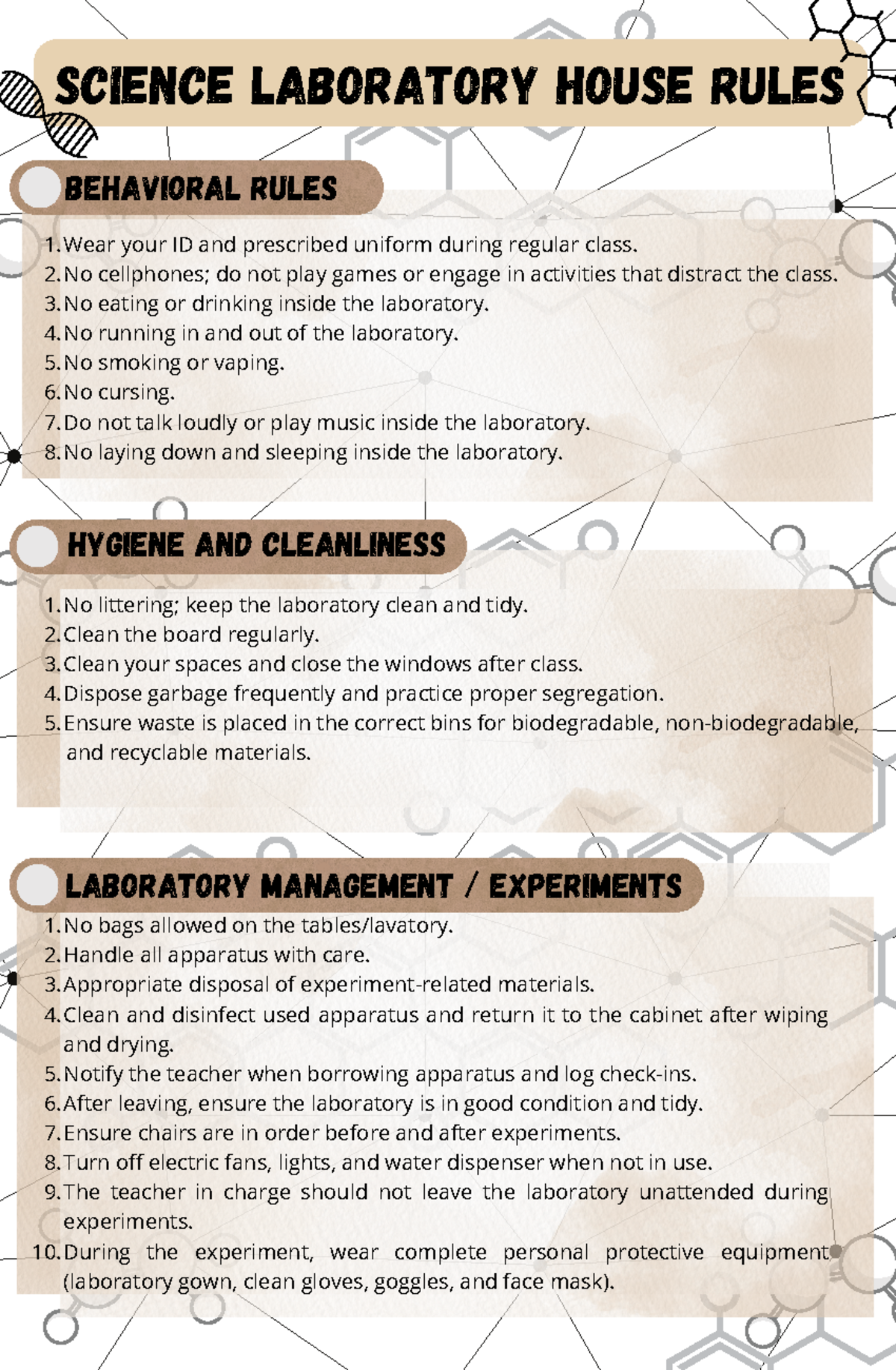 Laboratory House Rules 3 - science LABORATORY HOUSE RULES No littering ...