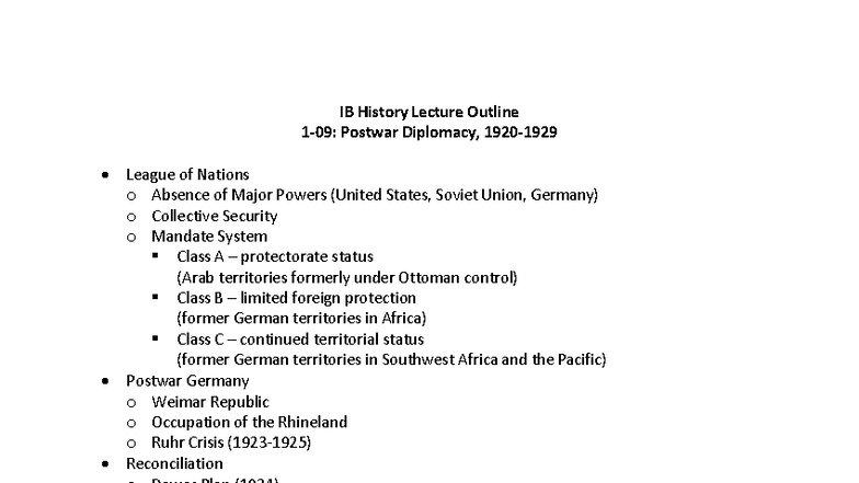 1-09 Postwar Diplomacy 1920-1929 - IB History Lecture Outline 1 - 09 ...