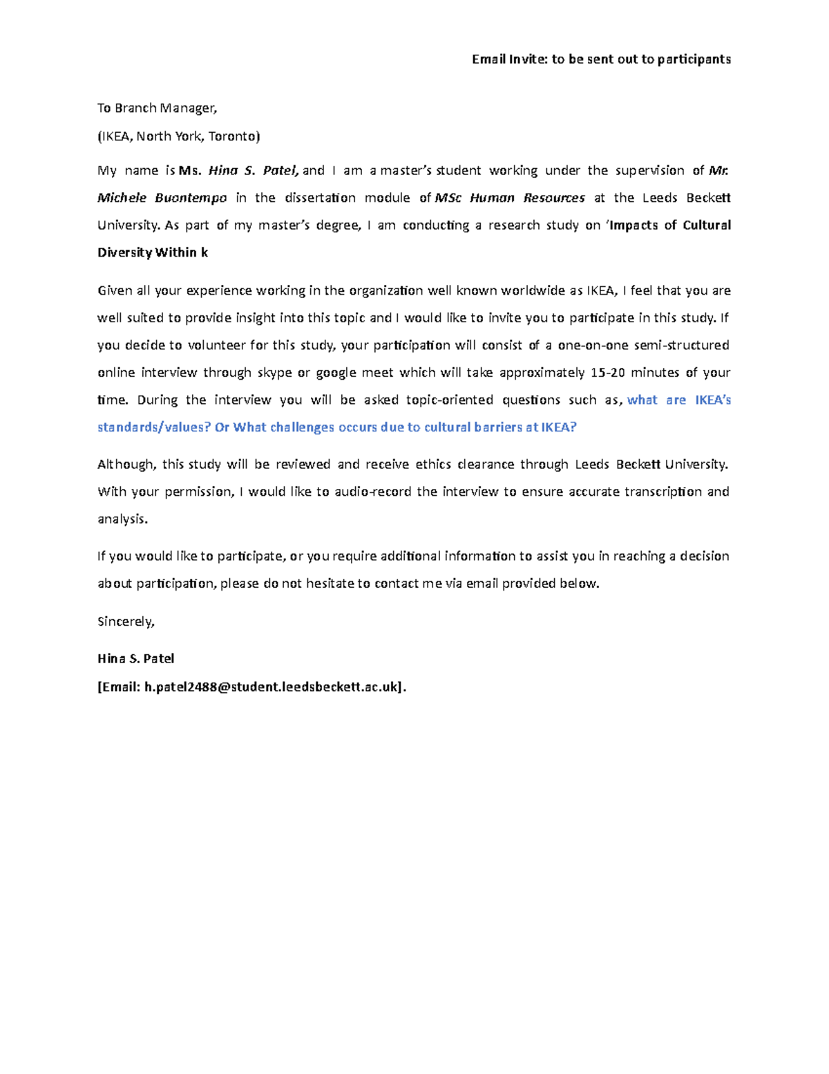 Email Invite to Participants - Email Invite: to be sent out to ...