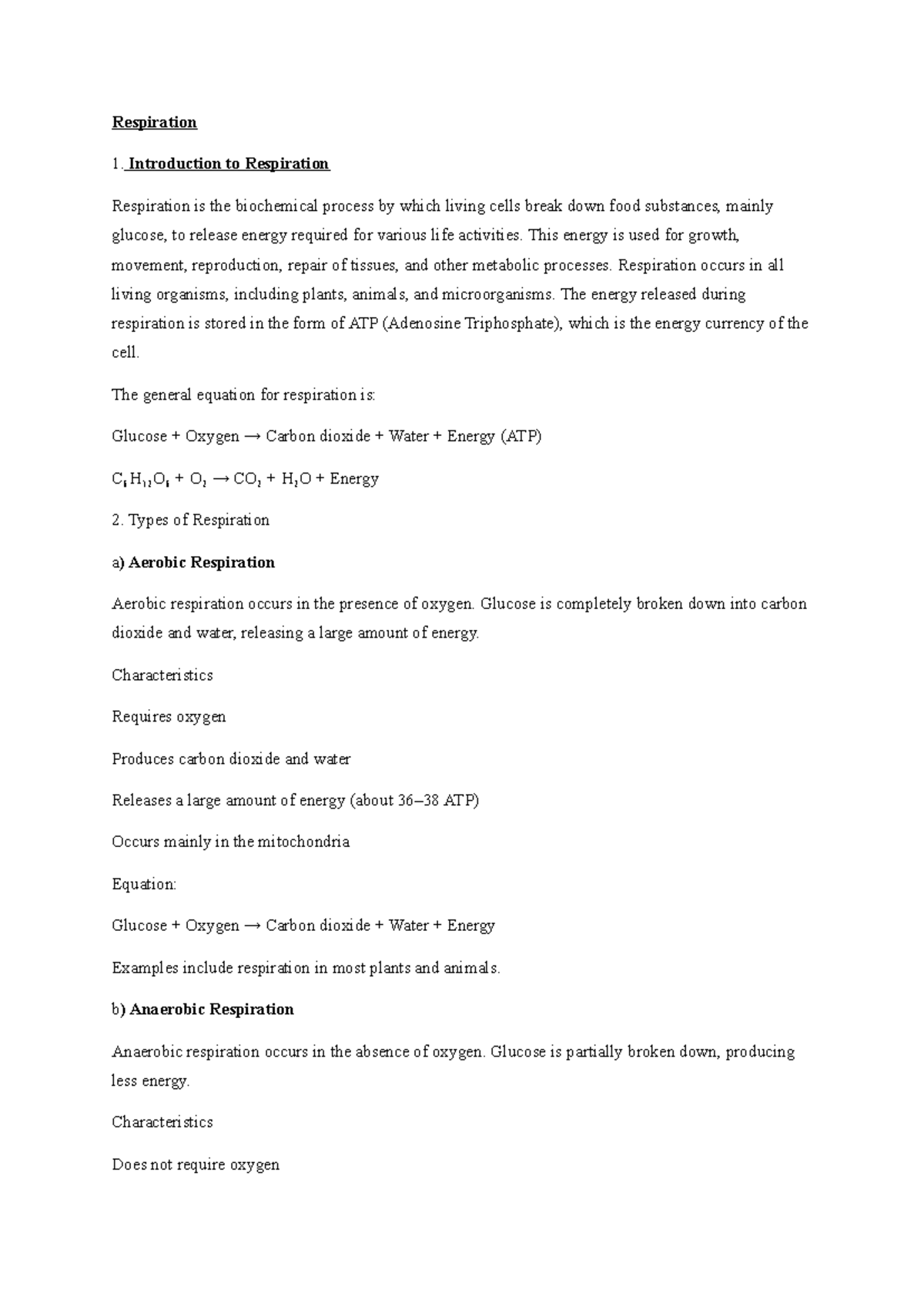 Respiration - Introduction and Key Concepts (BIO 101) - Studocu