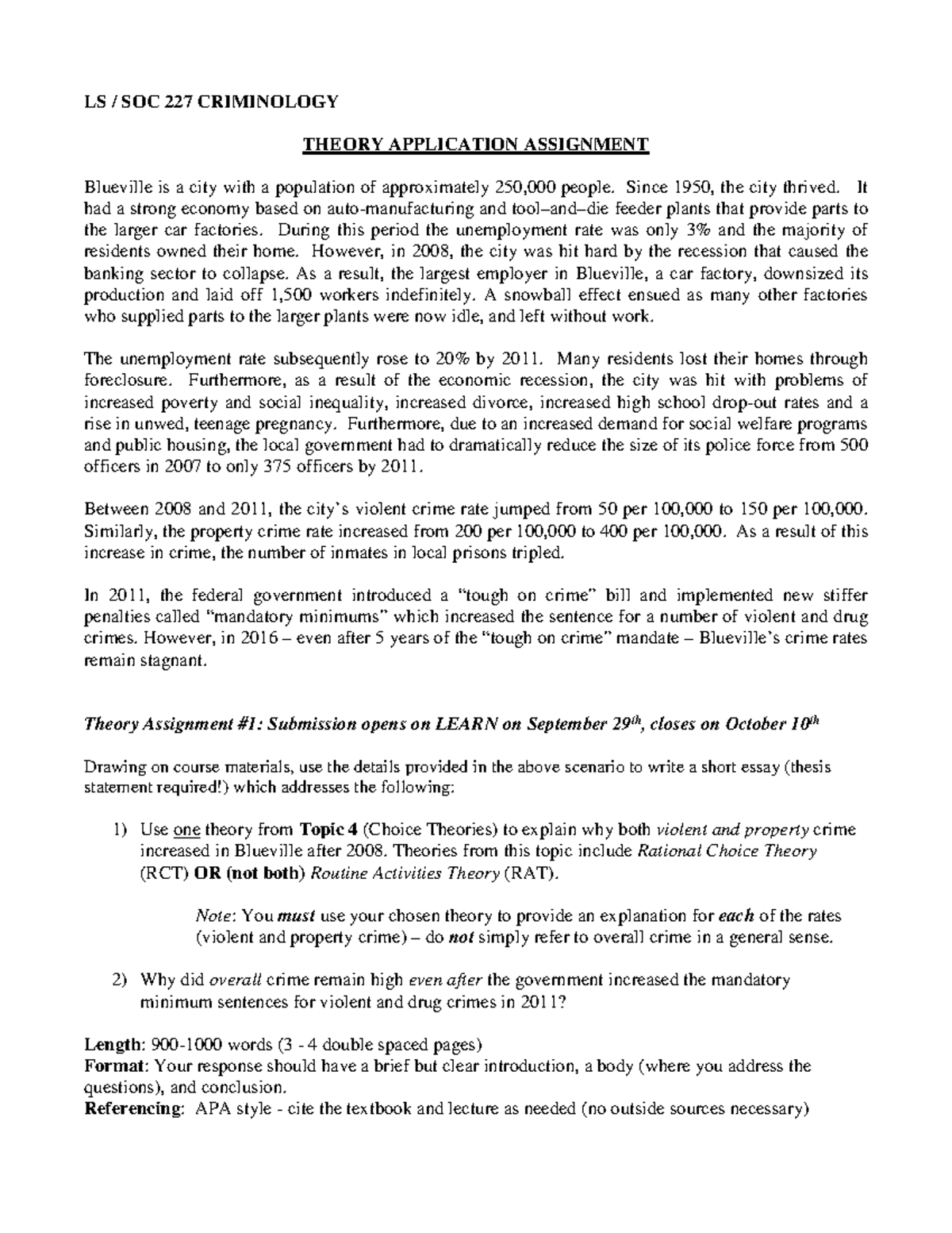 LS SOC 227 Criminology Theory Application: Blueville Case Study ...